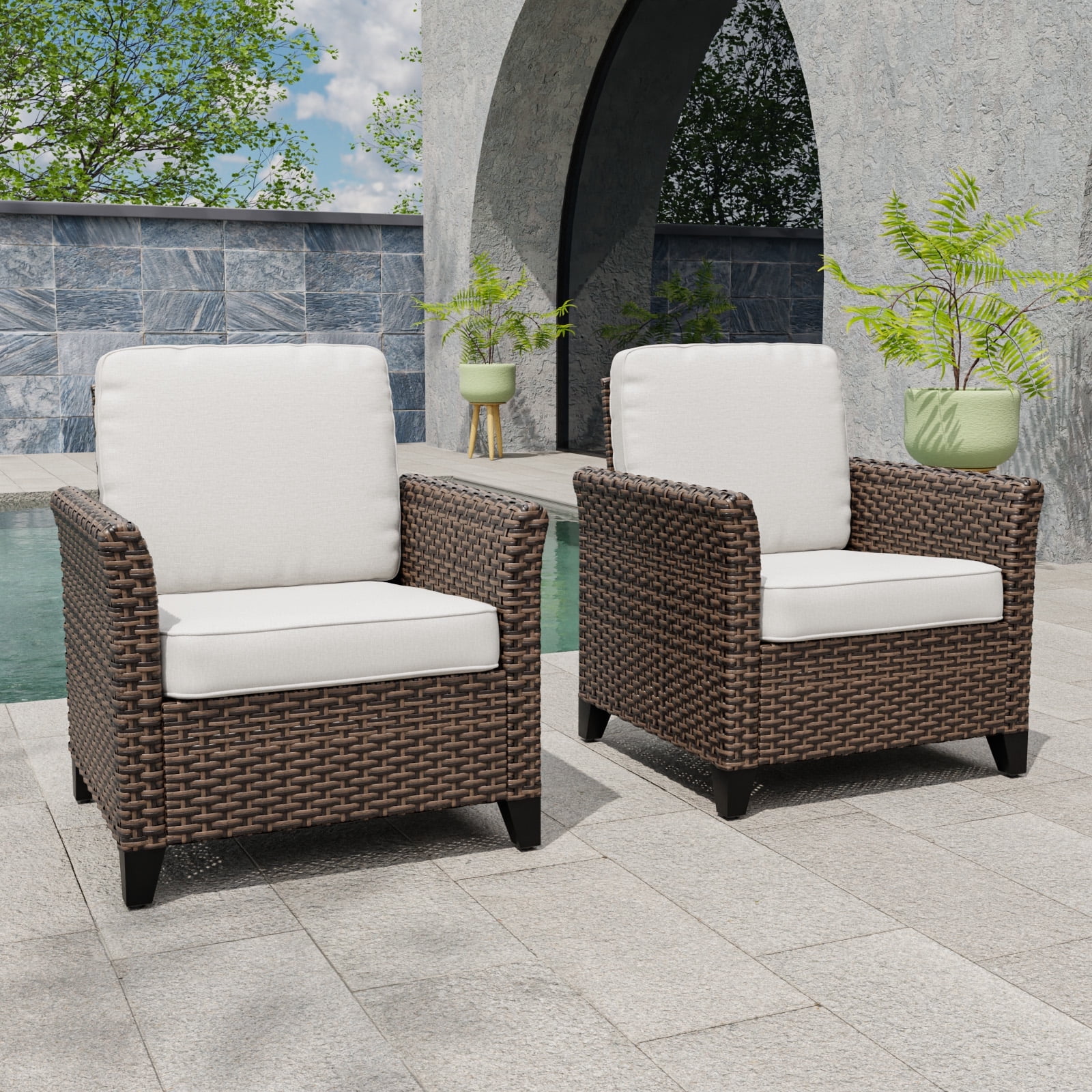 INTER HUT 2PCS Outdoor Wicker Patio Club Chairs with Cushions, Rattan ...