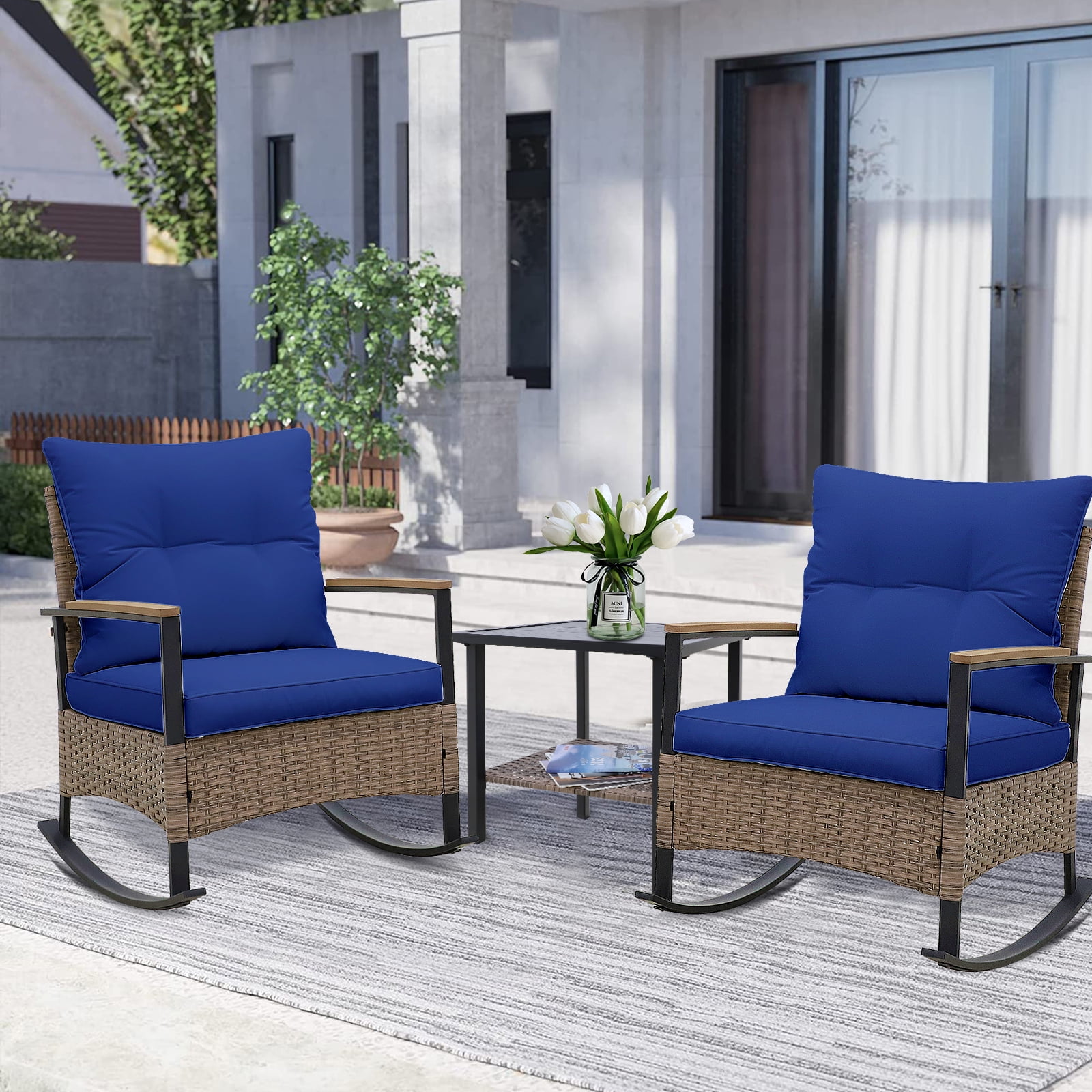 INTER HUT 3-Piece Outdoor Furniture Rocking Chairs Set, Brown Wicker ...