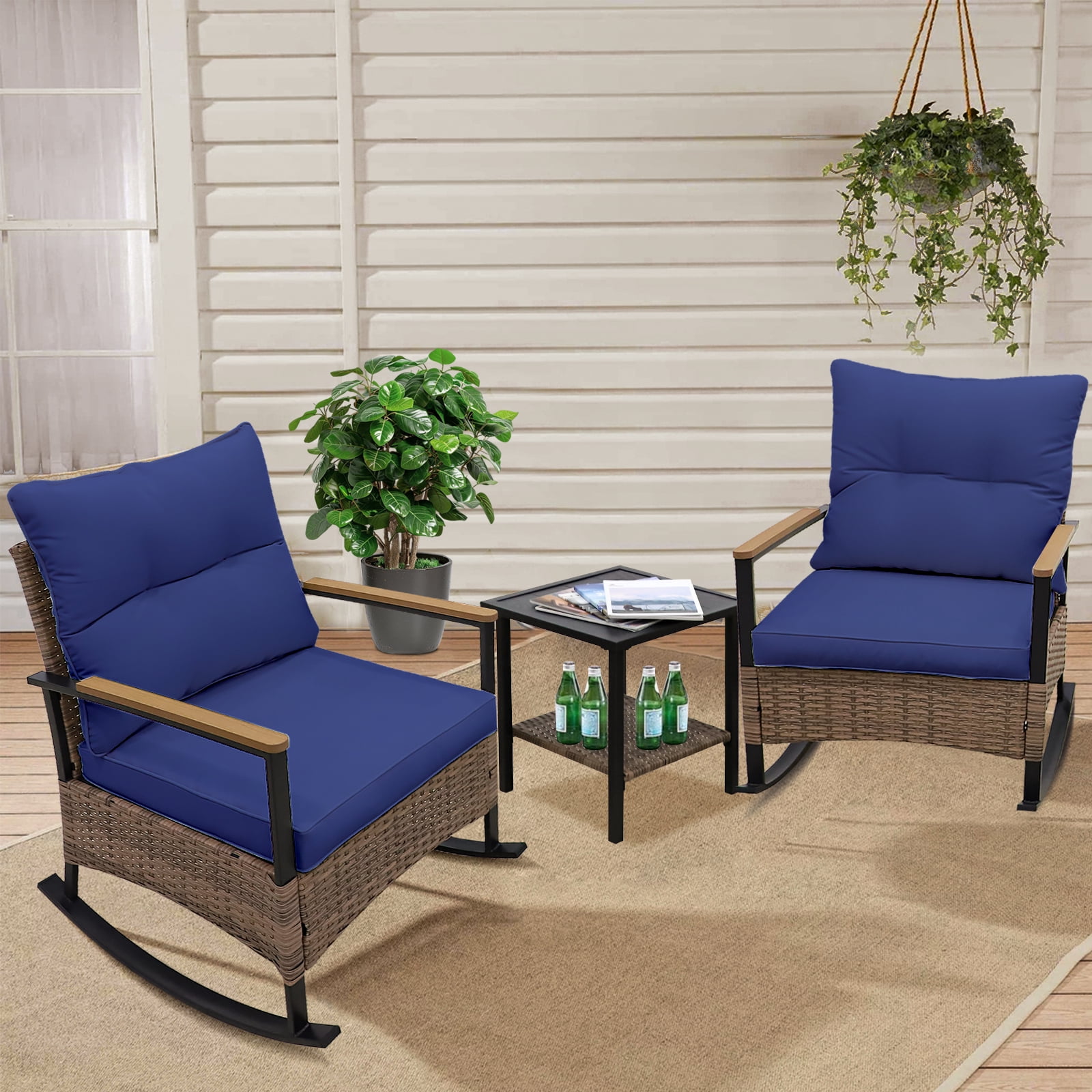 INTER HUT 3-Piece Outdoor Furniture Rocking Chairs Set, Brown Wicker ...