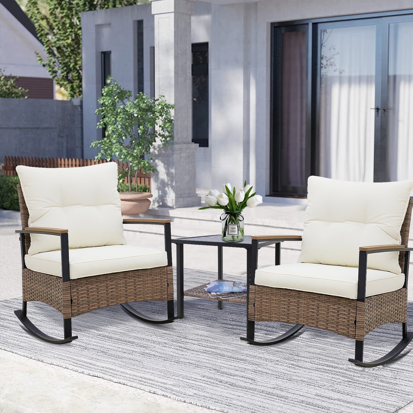 INTER HUT 3-Piece Outdoor Furniture Rocking Chairs Set, Brown Wicker ...