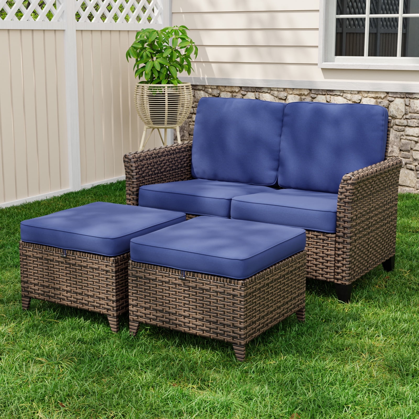 INTER HUT 3PCS Outdoor Patio Wicker Bistro Sets with Ottoman, Rattan ...