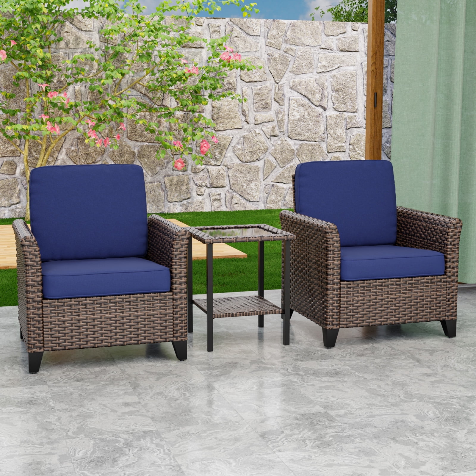 INTER HUT 3PCS Outdoor Patio Wicker Bistro Sets with Side Table, Rattan ...