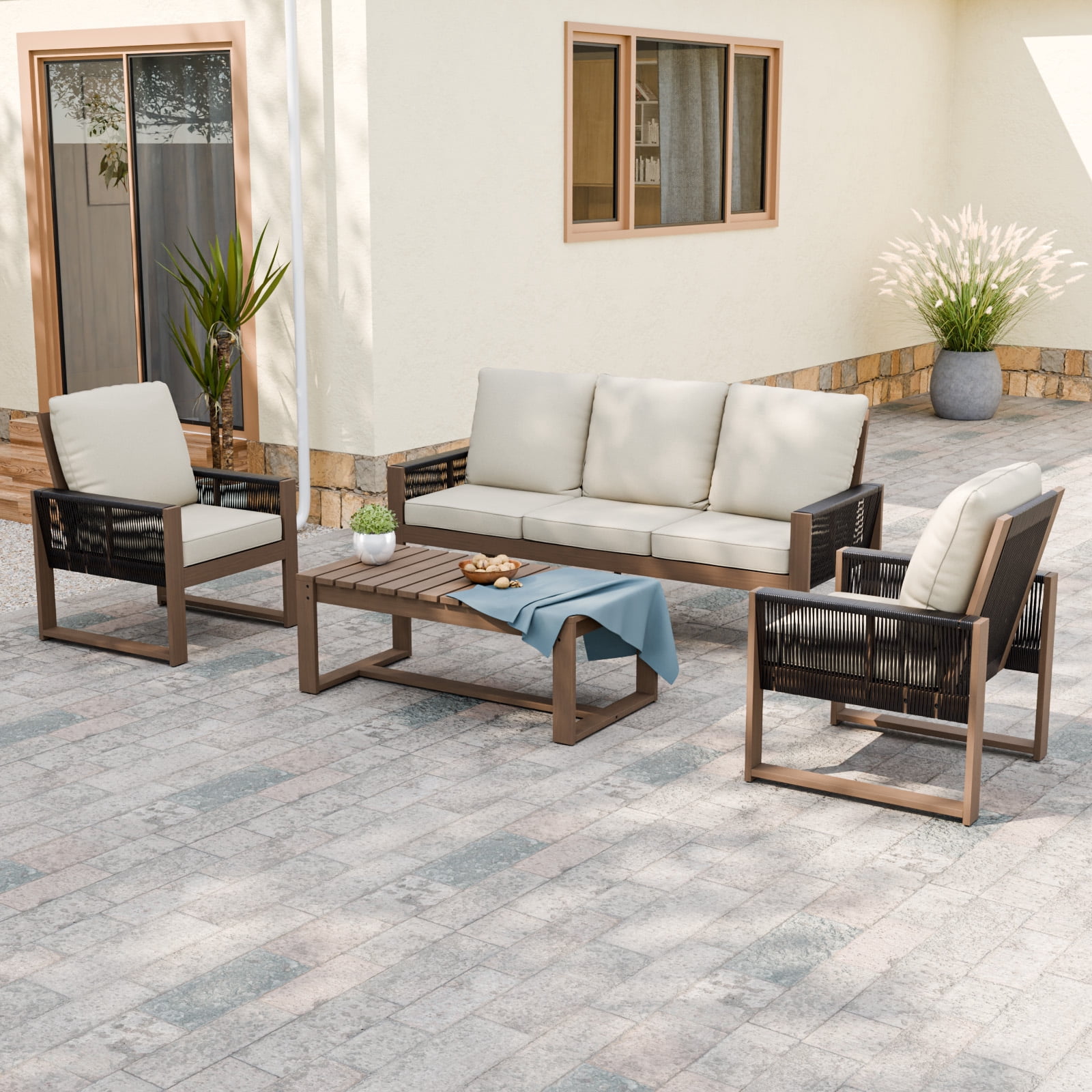 INTER HUT 4 Piece Cedar Patio Conversation sets, Modern Solid Wood ...