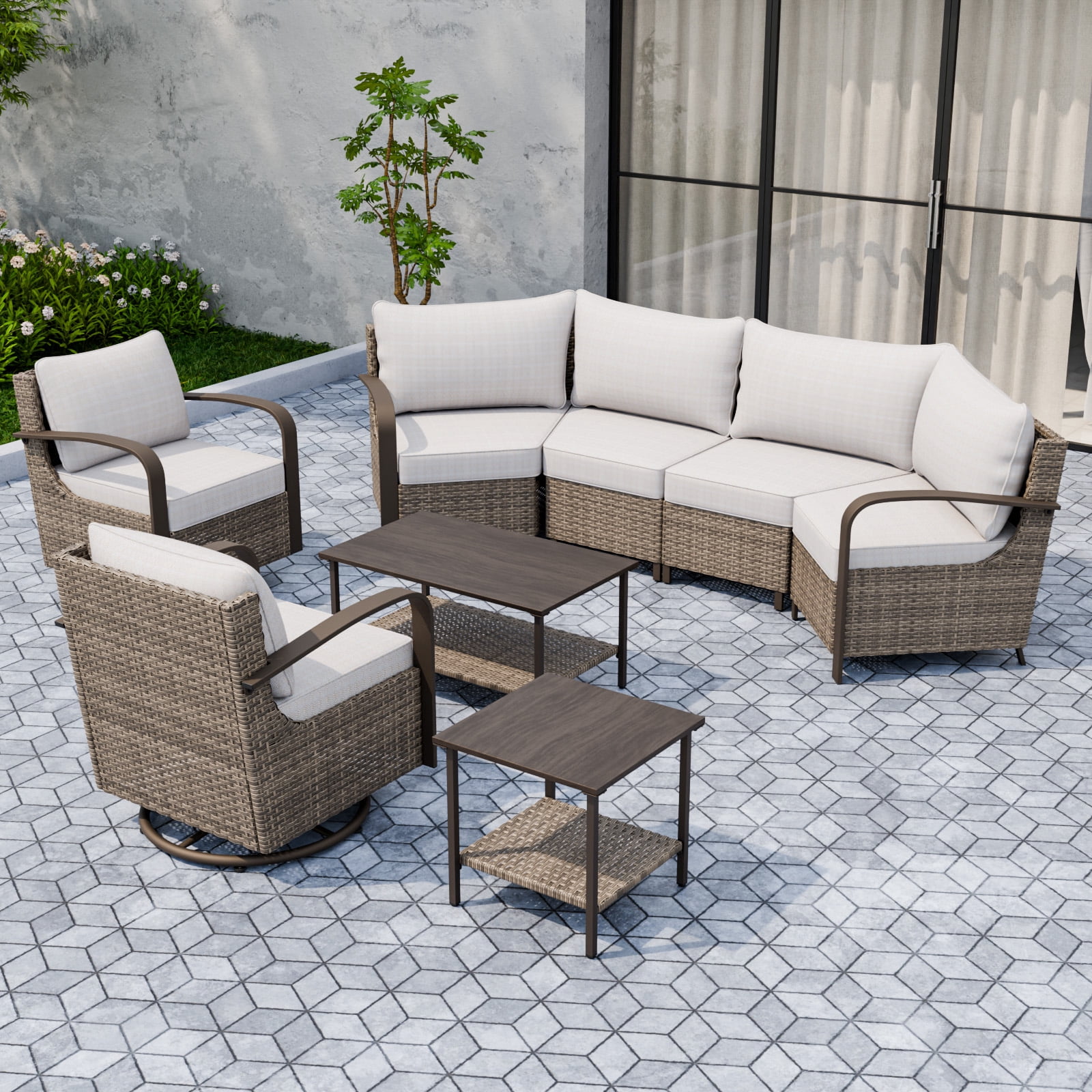 INTER HUT 6-Person Brown Wicker Outdoor Seating Group Patio Swivel ...