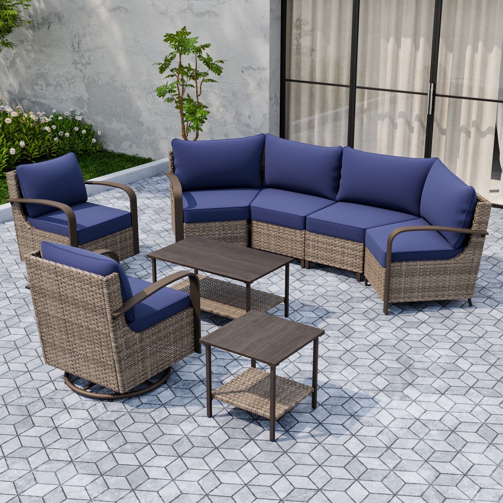 INTER HUT 6-Person Brown Wicker Outdoor Seating Group Patio Swivel ...