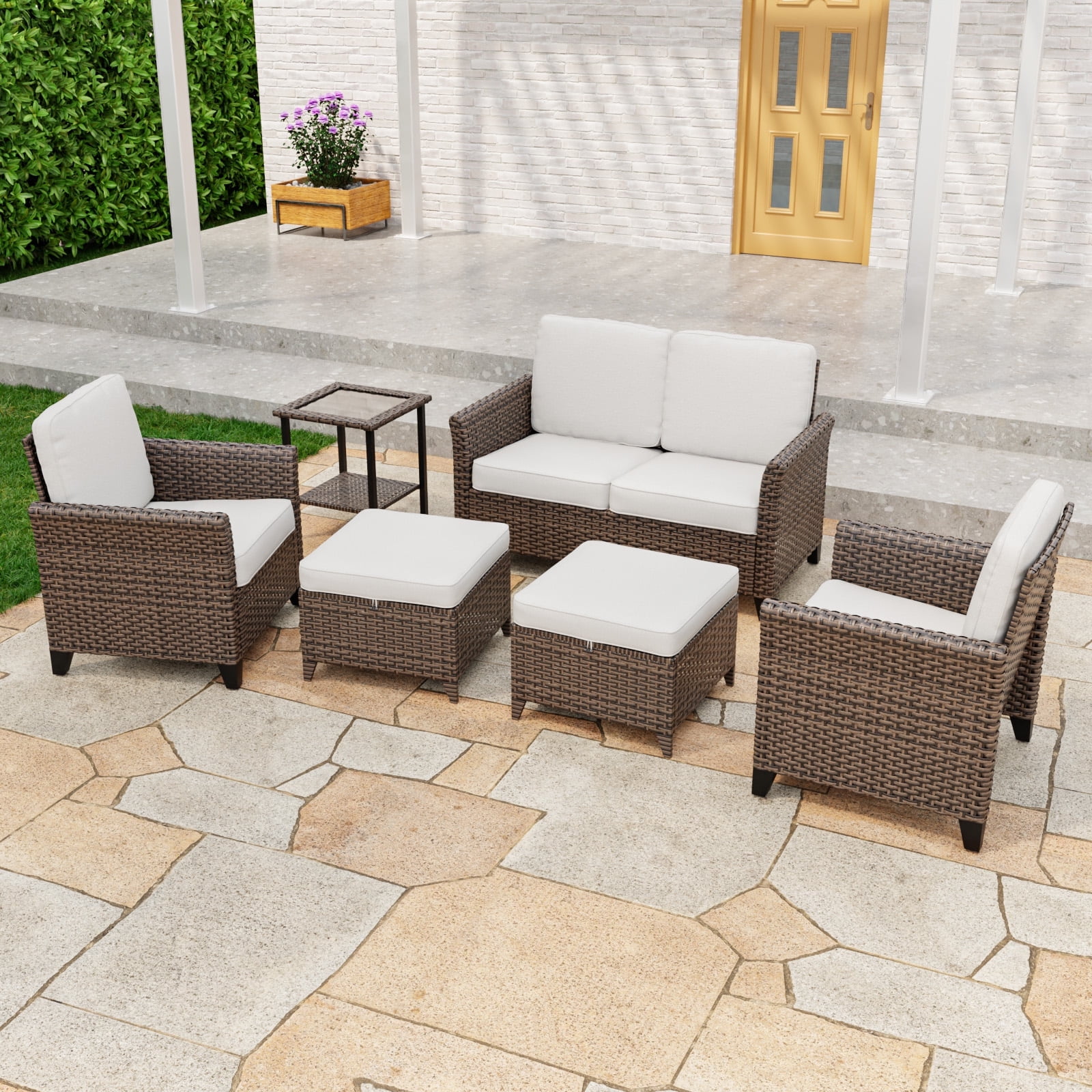 INTER HUT 6PCS Outdoor Patio Wicker Conversation Sets with Side Table ...