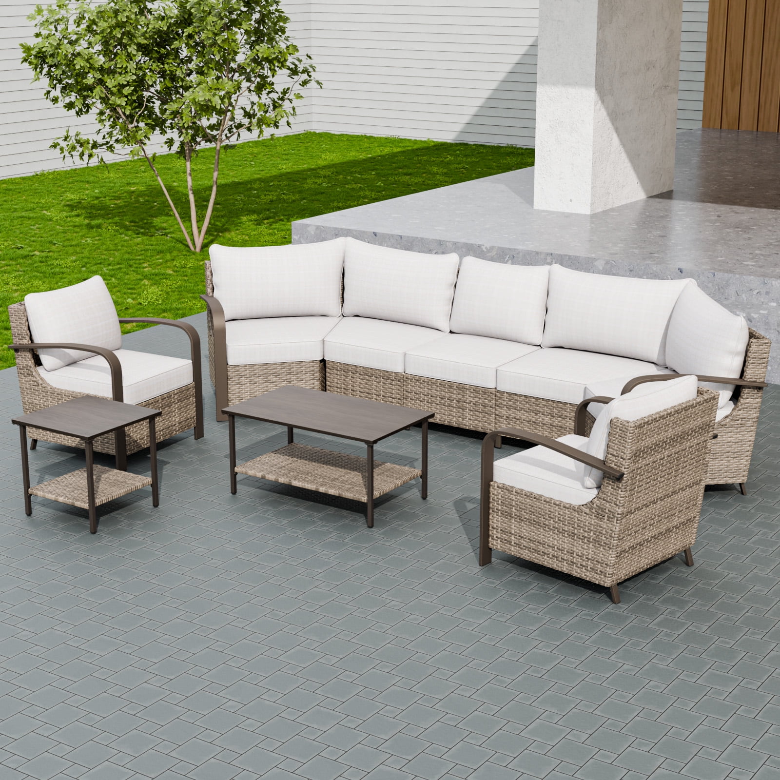 INTER HUT 7-Person Brown Wicker Outdoor Seating Group Patio Dining ...