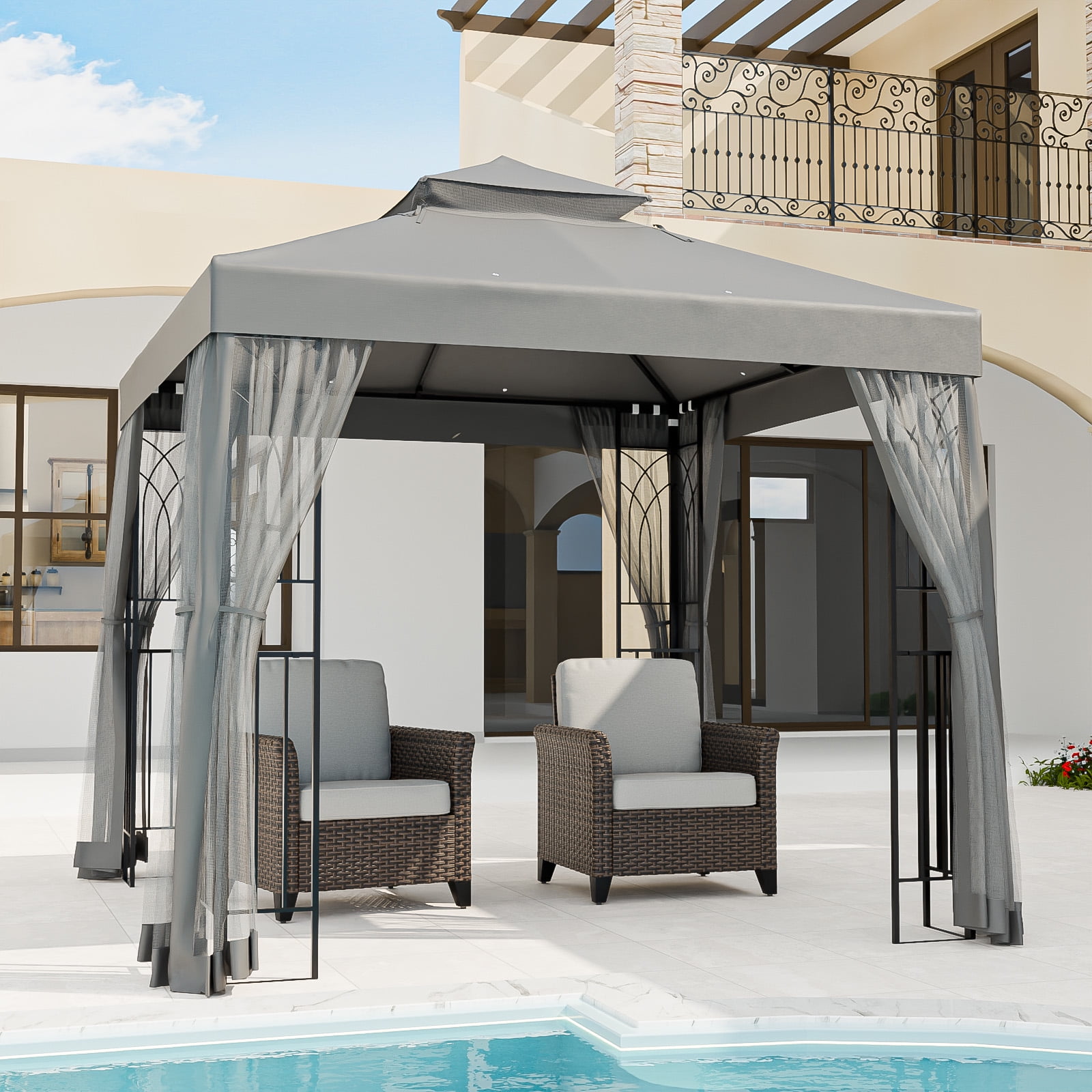 INTER HUT 8x8 Metal Patio Double Soft Roof Gazebo Outdoor Canopy Tent ...