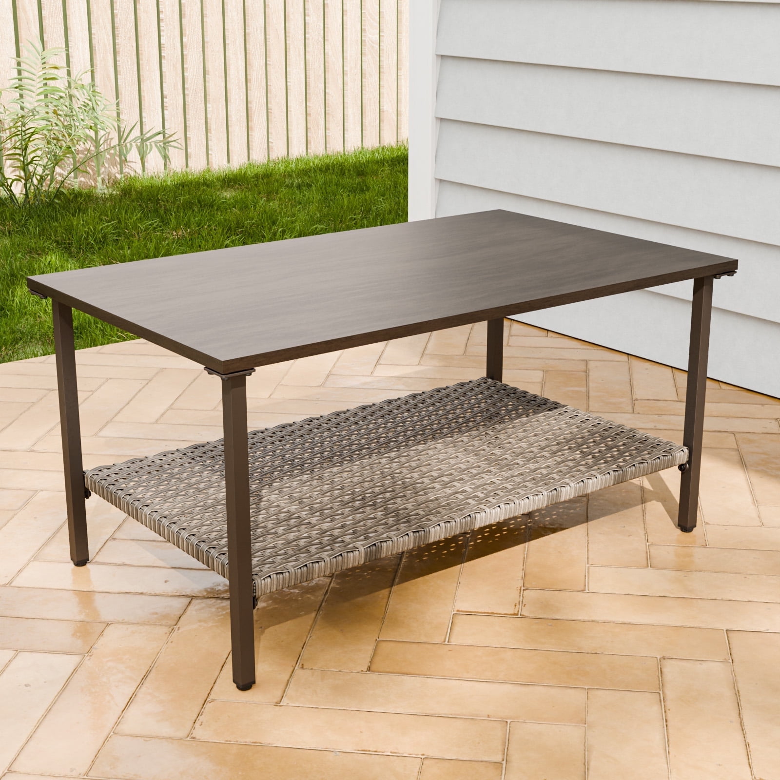INTER HUT Brown Patio Steel Rectangular Coffee Table with Wood Grain ...