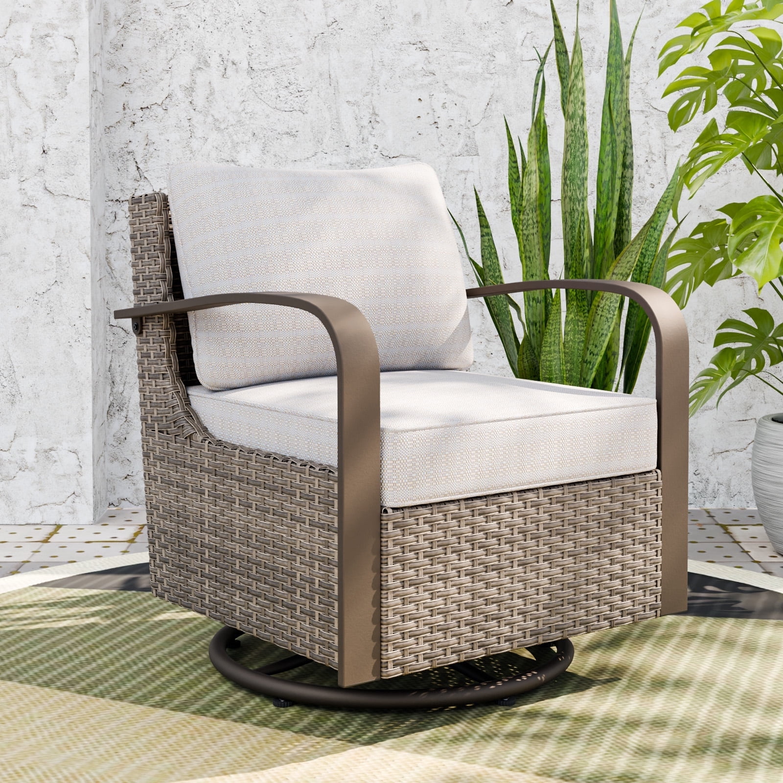 INTER HUT Vista Oasis Brown Wicker Outdoor Patio Swivel Chair Beige ...