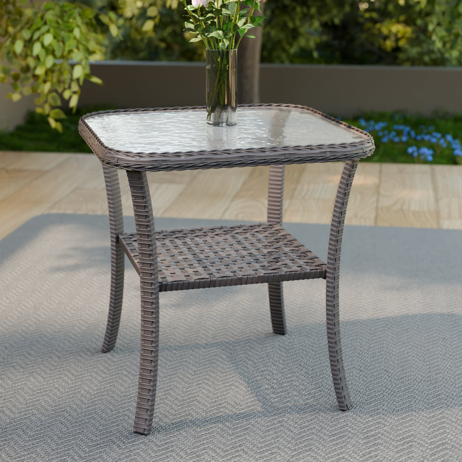 INTER HUT Outdoor Wicker Side Table, Rattan Bistro Table, 2 Tiers for ...