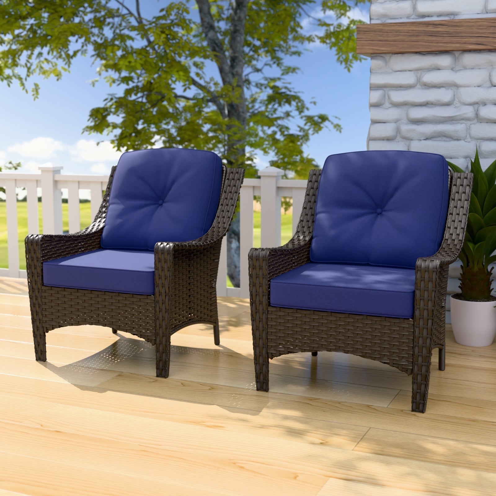 INTER HUT Patio 2 Piece Wicker Single Chairs with Blue Cushion ...