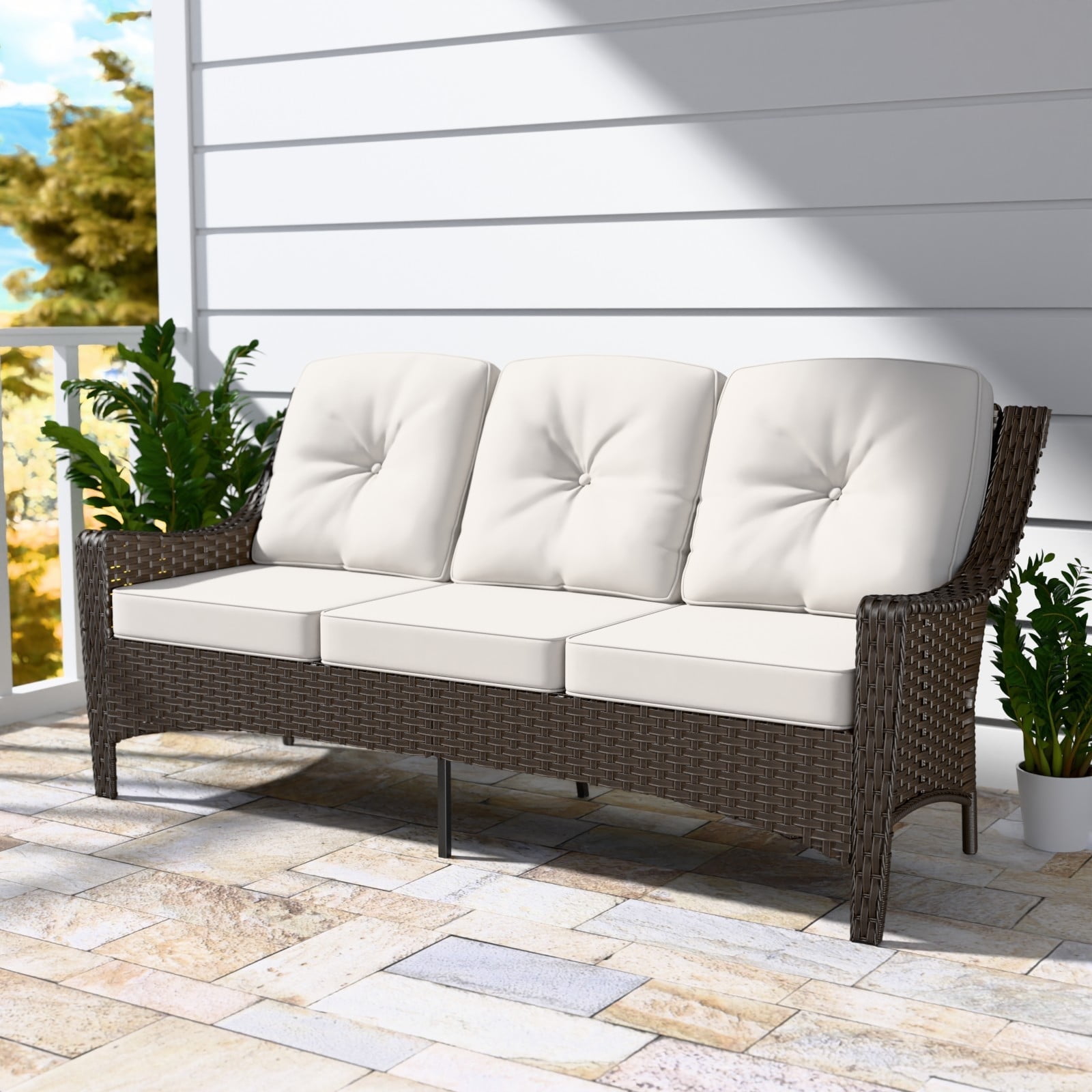 INTER HUT Stone Creek Patio 3-seat Wicker sofa with beige Cushion ...