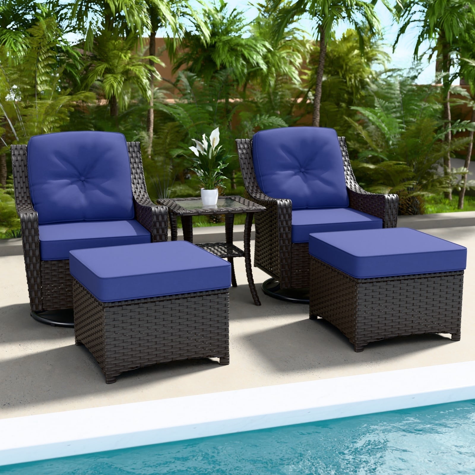 INTER HUT Stone Creek Patio Outdoor 5 Piece Wicker Conversation Swivel ...