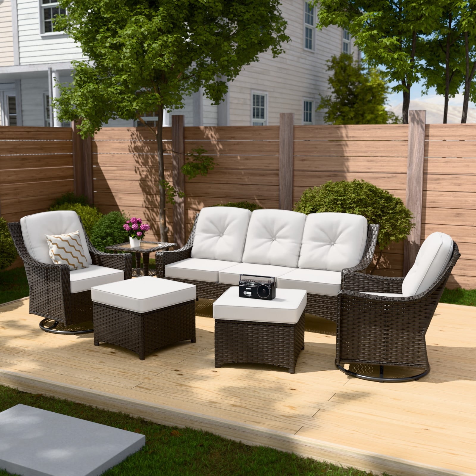 INTER HUT Patio Outdoor 6 Piece Wicker Swivel Chair Set, 3-seat sofa ...