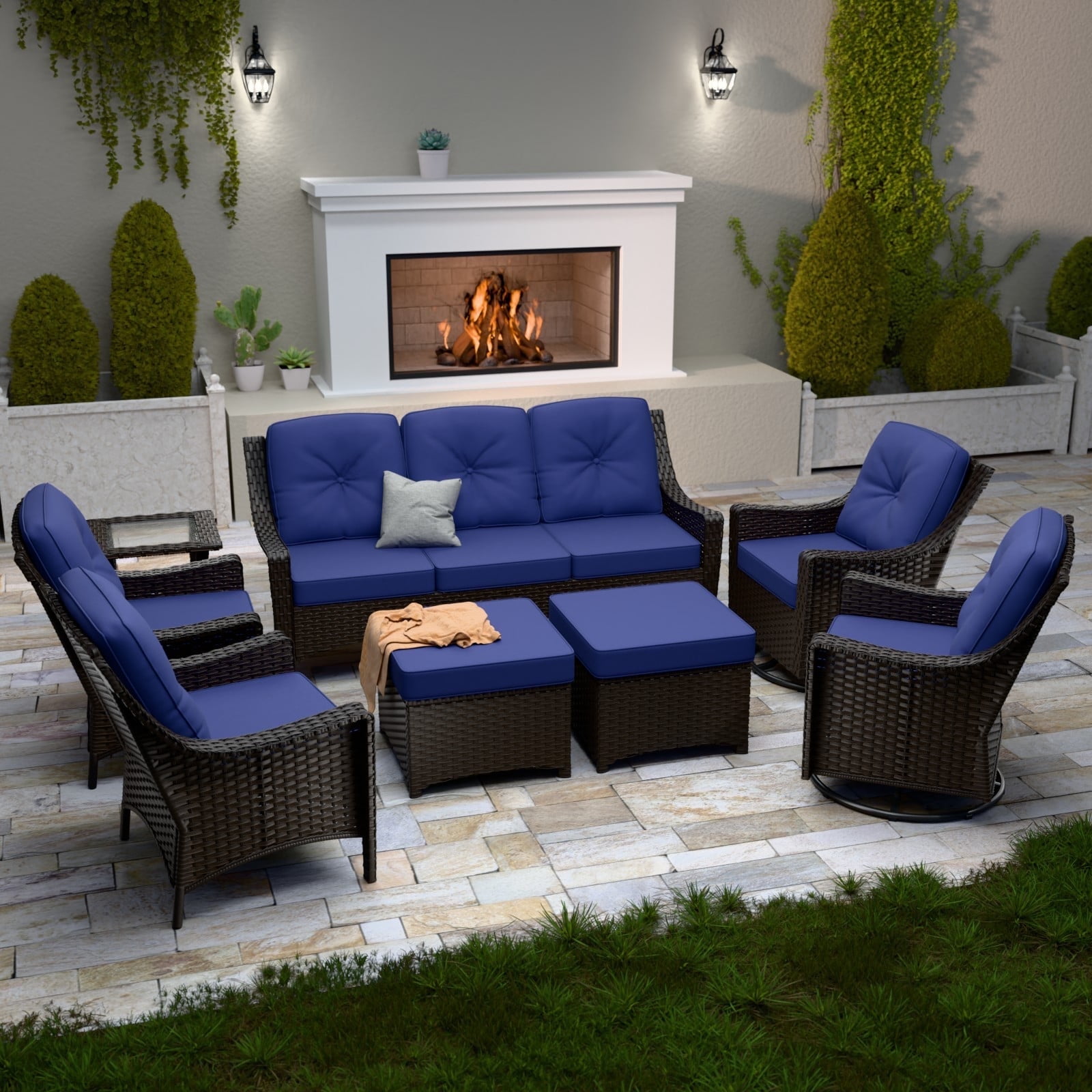 INTER HUT Patio Outdoor 8 Piece Wicker Swivel Chair Set, 3-seat sofa ...