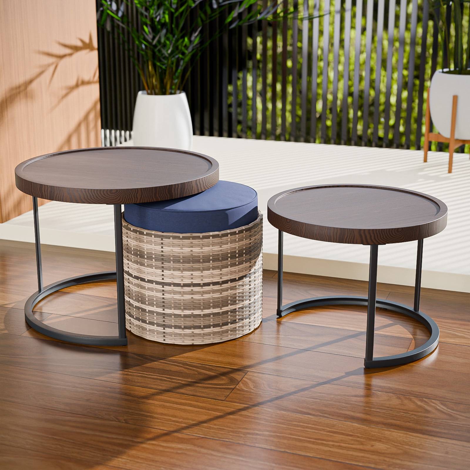 INTER HUT Round Nesting Table Ottoman Set of 3, 3pcs Multi-Functional ...
