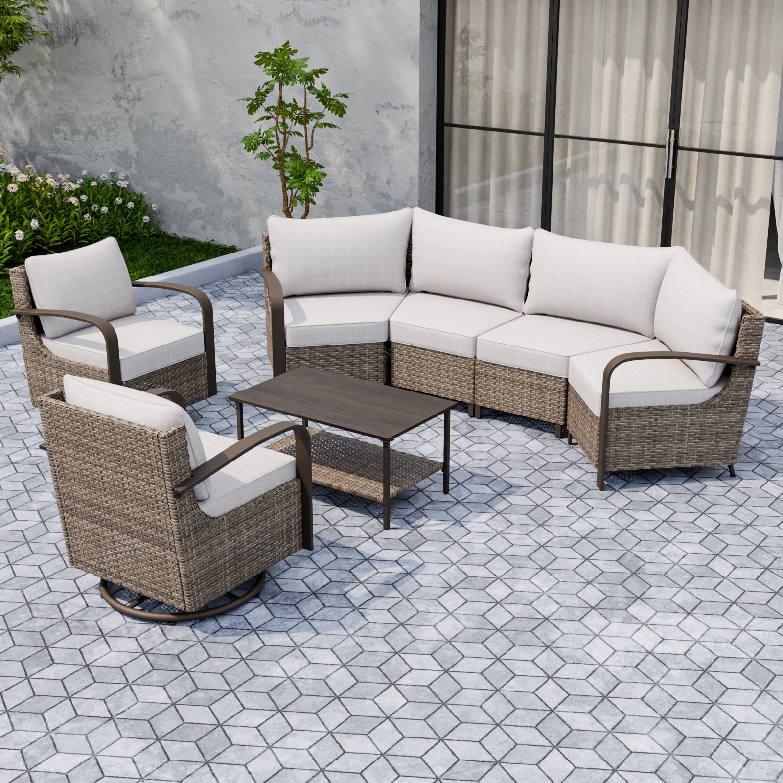 INTER HUT Vista Oasis 6-Person Brown Wicker Outdoor Seating Group Patio ...