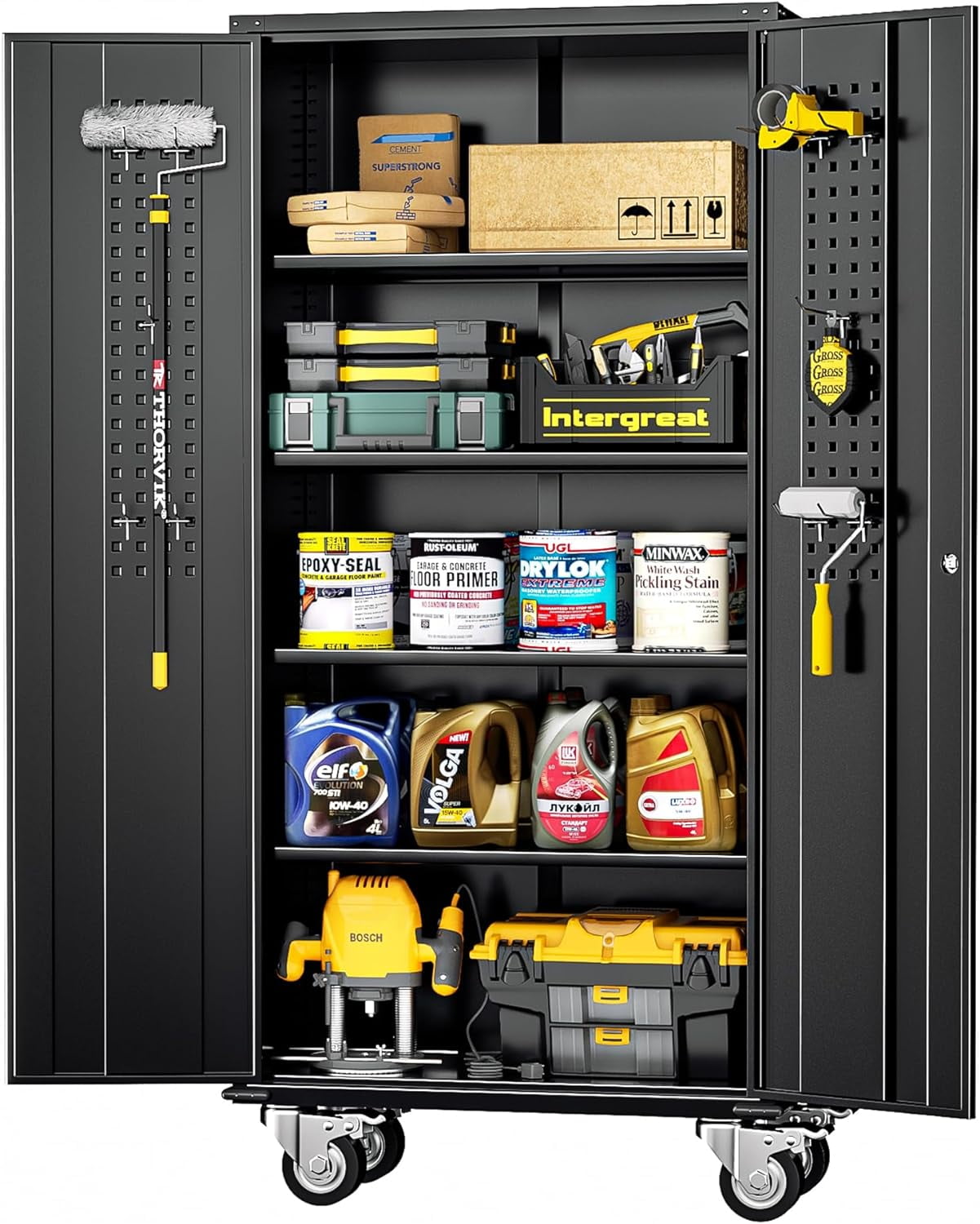 INTERGREAT 72" Metal Garage Storage Cabinet with Wheels, Black Steel ...