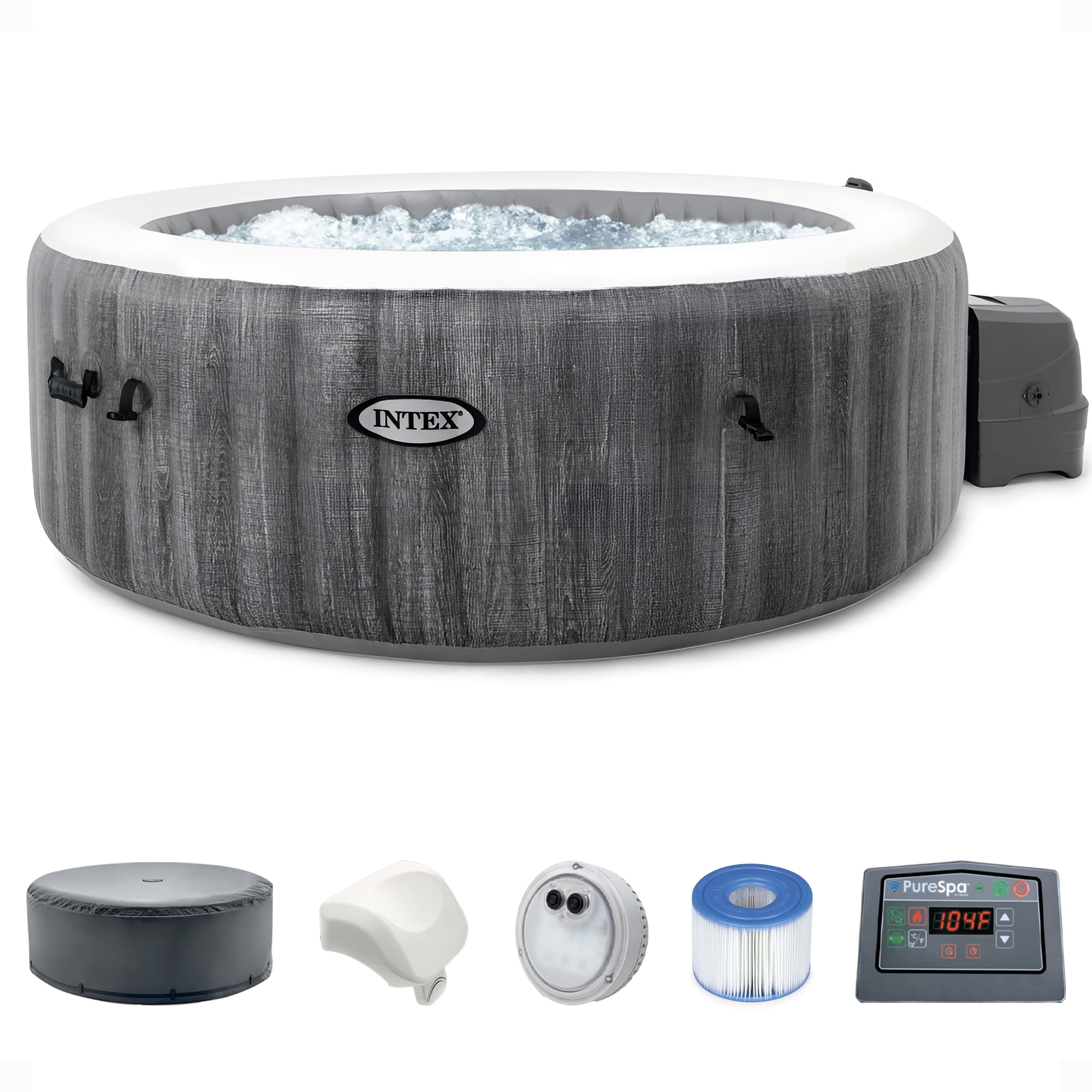 INTEX PureSpa Plus Greywood Deluxe 4 Person Outdoor Portable Hot Tub ...
