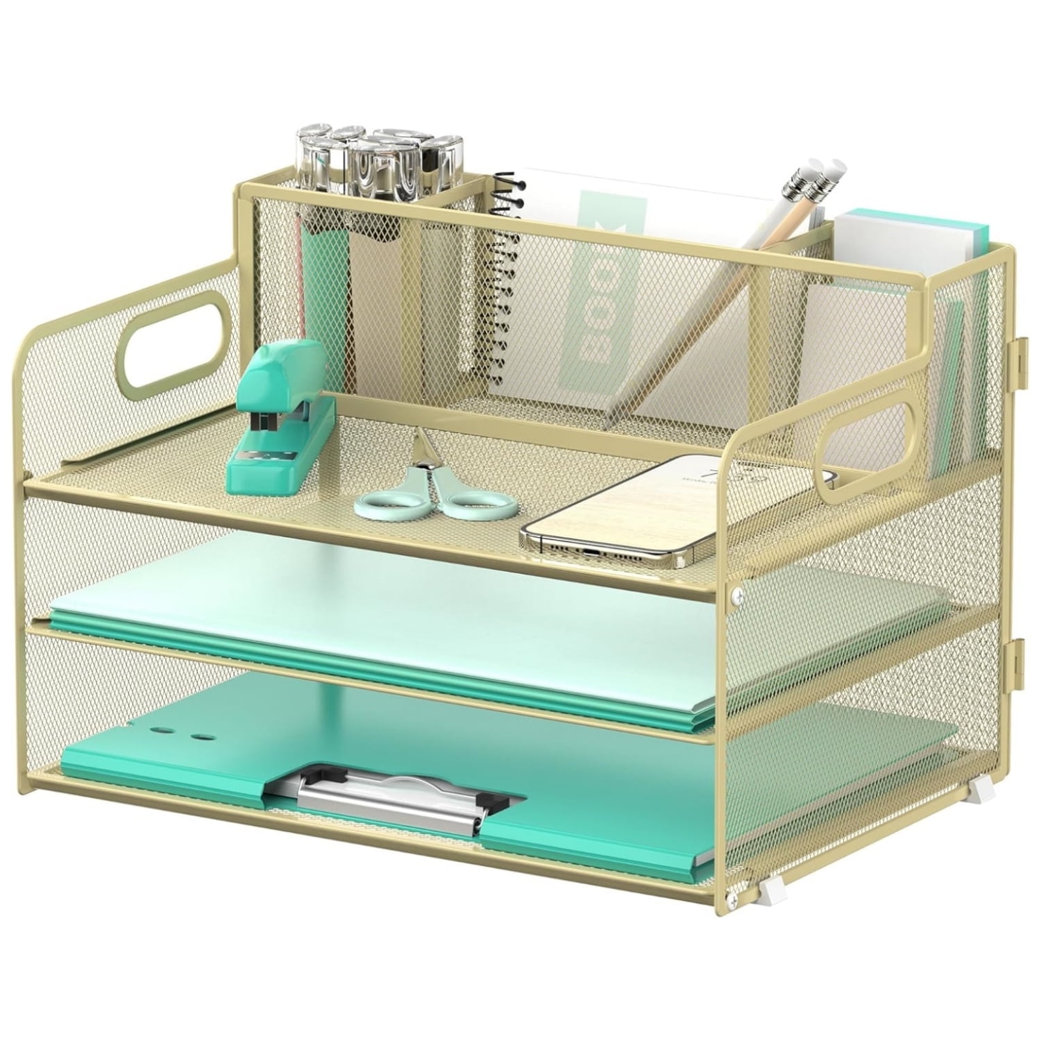 INTIGE 3-Tier Metal Mesh Desk Organizer with 3 Pen Holders, Paper ...