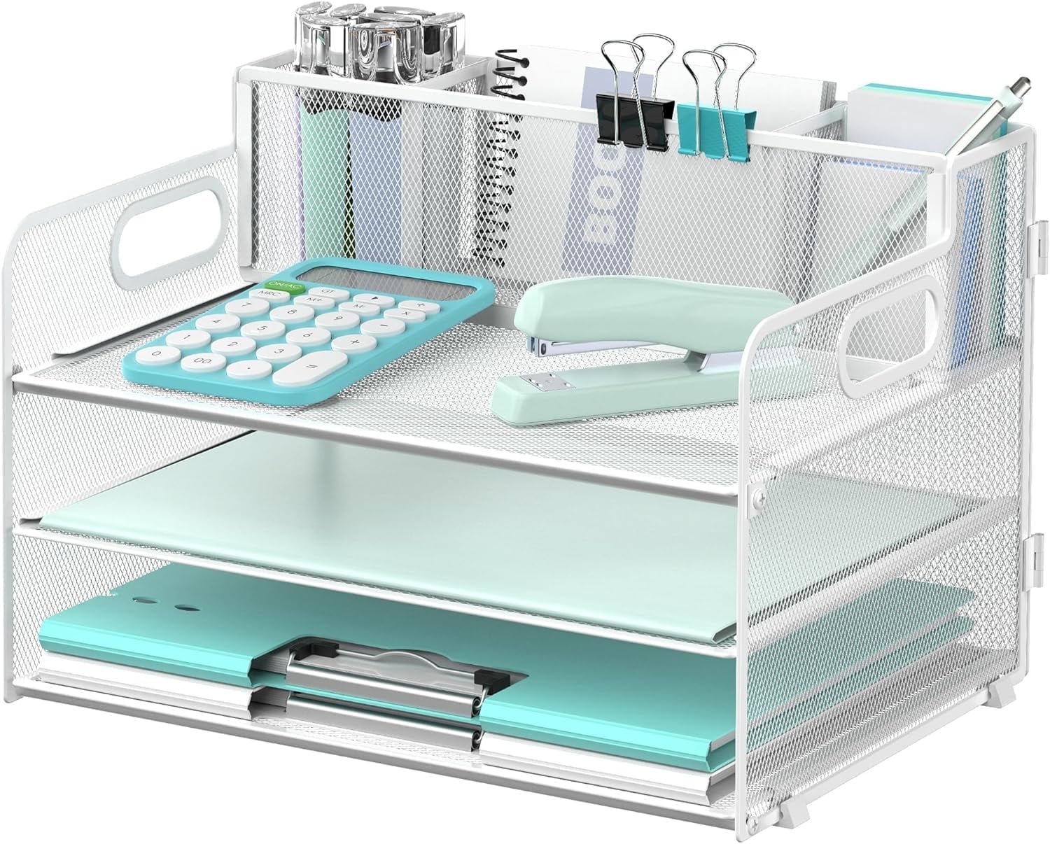 INTIGE 3 Tier Letter Size Desk Organizer with Handle and 3 Pen Holders ...