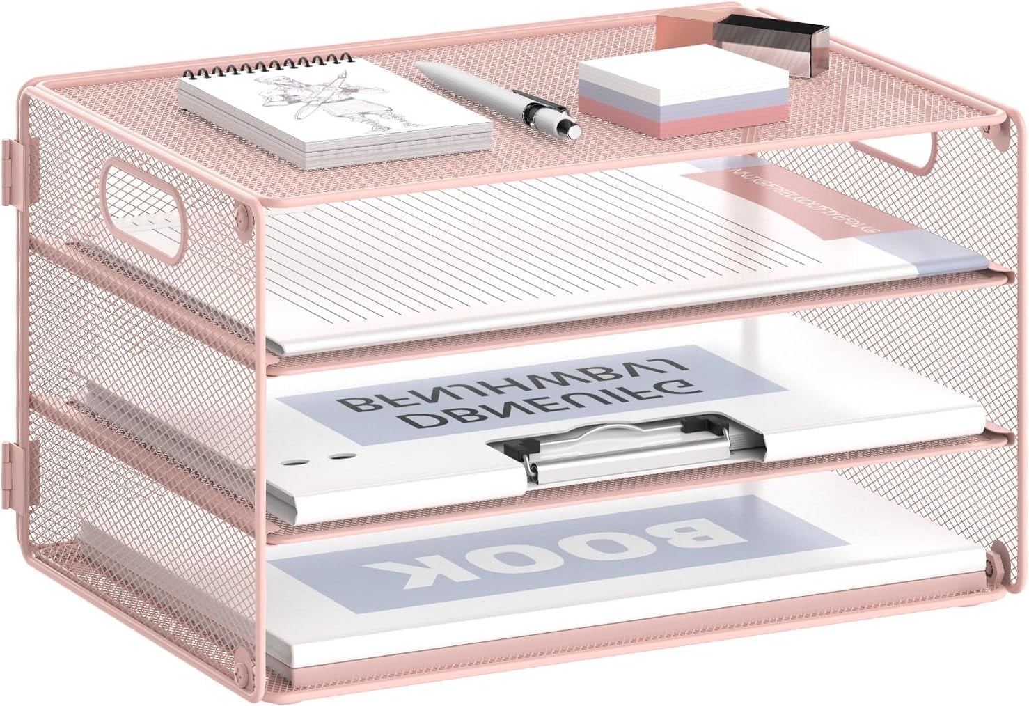 INTIGE 3-Tier Paper Desk Organizer with Handle, Pink, Metal Mesh ...