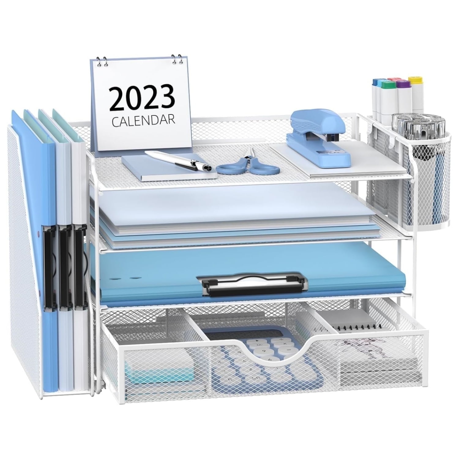 INTIGE 4-Tier Desk File Organizer with File Holder, Drawer, Pen Holders ...