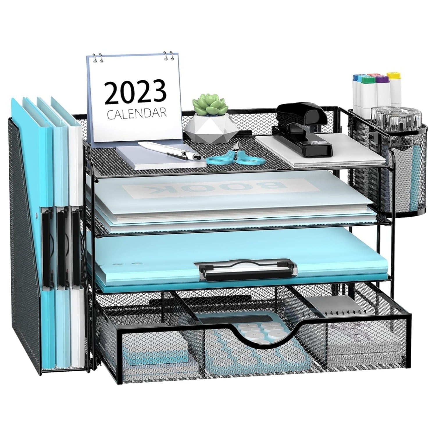 INTIGE 4-Tier Metal Desk Organizer with File Holder, 1 Drawer, 2 Pen ...