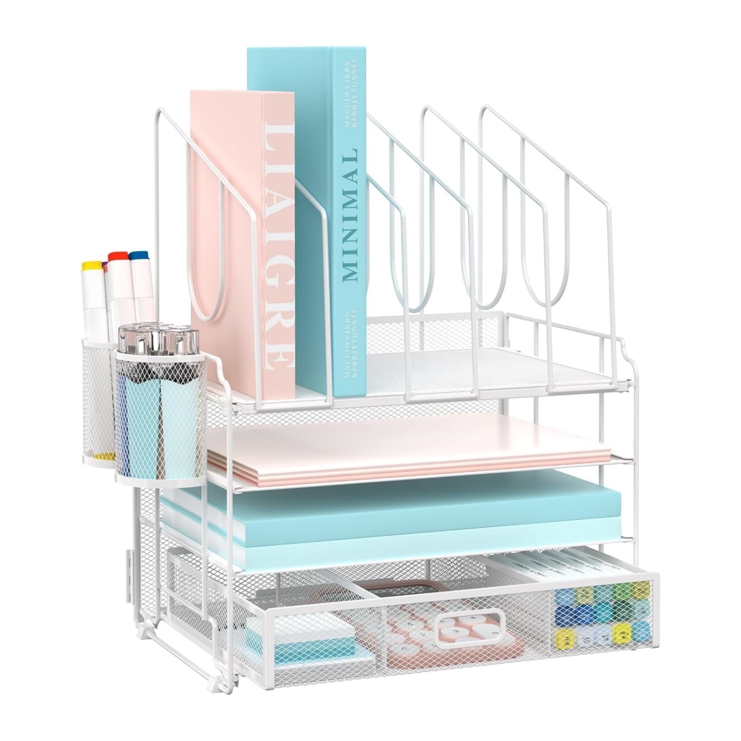 INTIGE 4-Tier Mesh Desktop Organizer with Drawer, 5 Vertical File ...