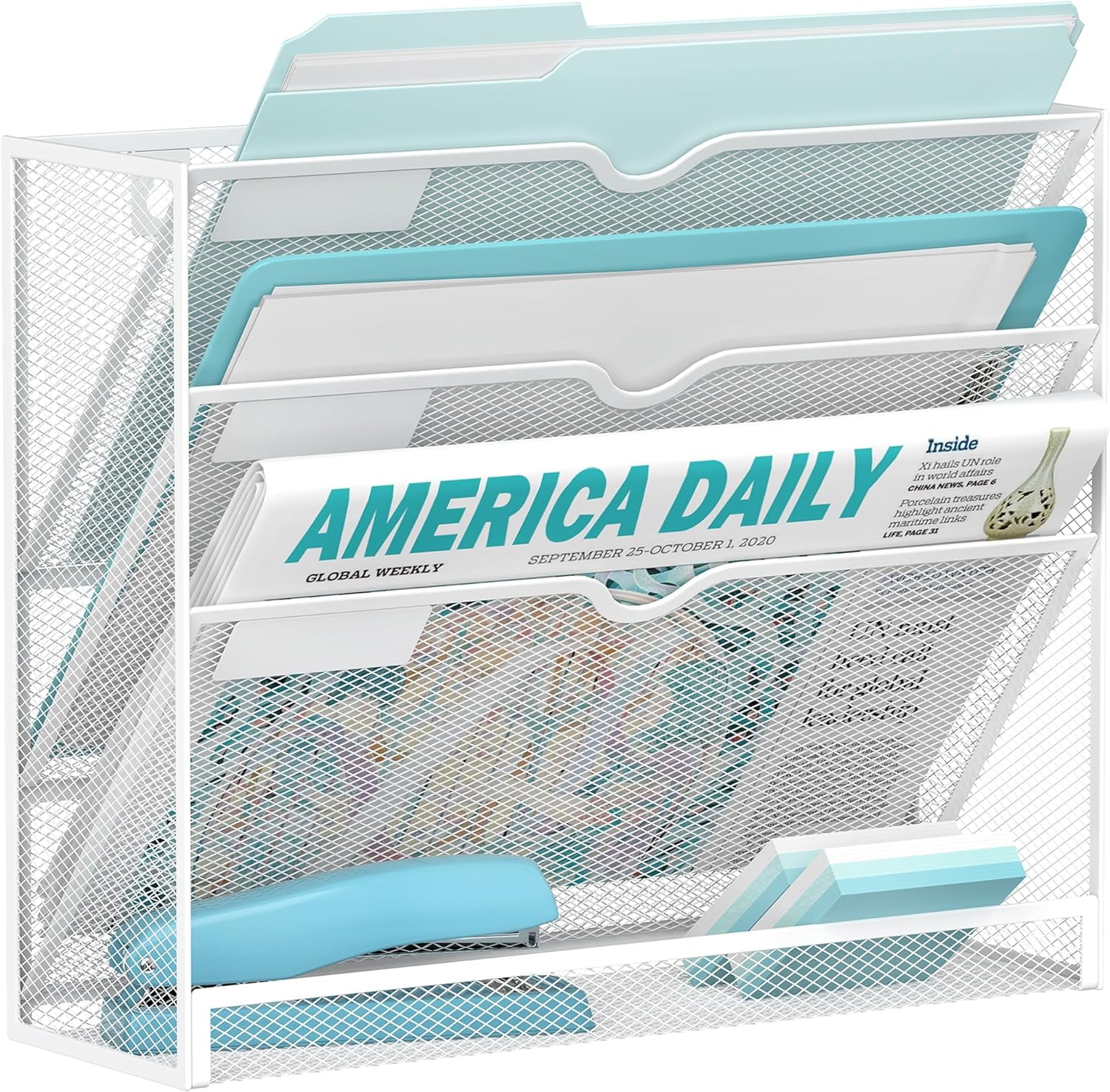 INTIGE 4-Tier Wall Mounted File Organizer, Metal Paper Organizer, White ...