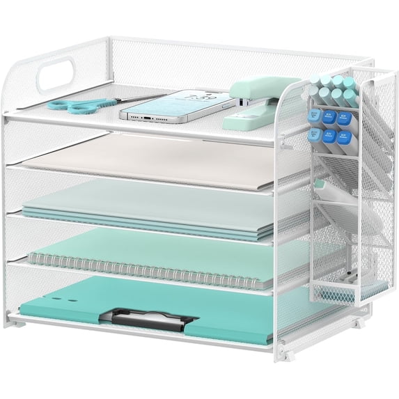 INTIGE, 5 Tier Desk File Organizer, Handle Mesh Paper Tray, White ...