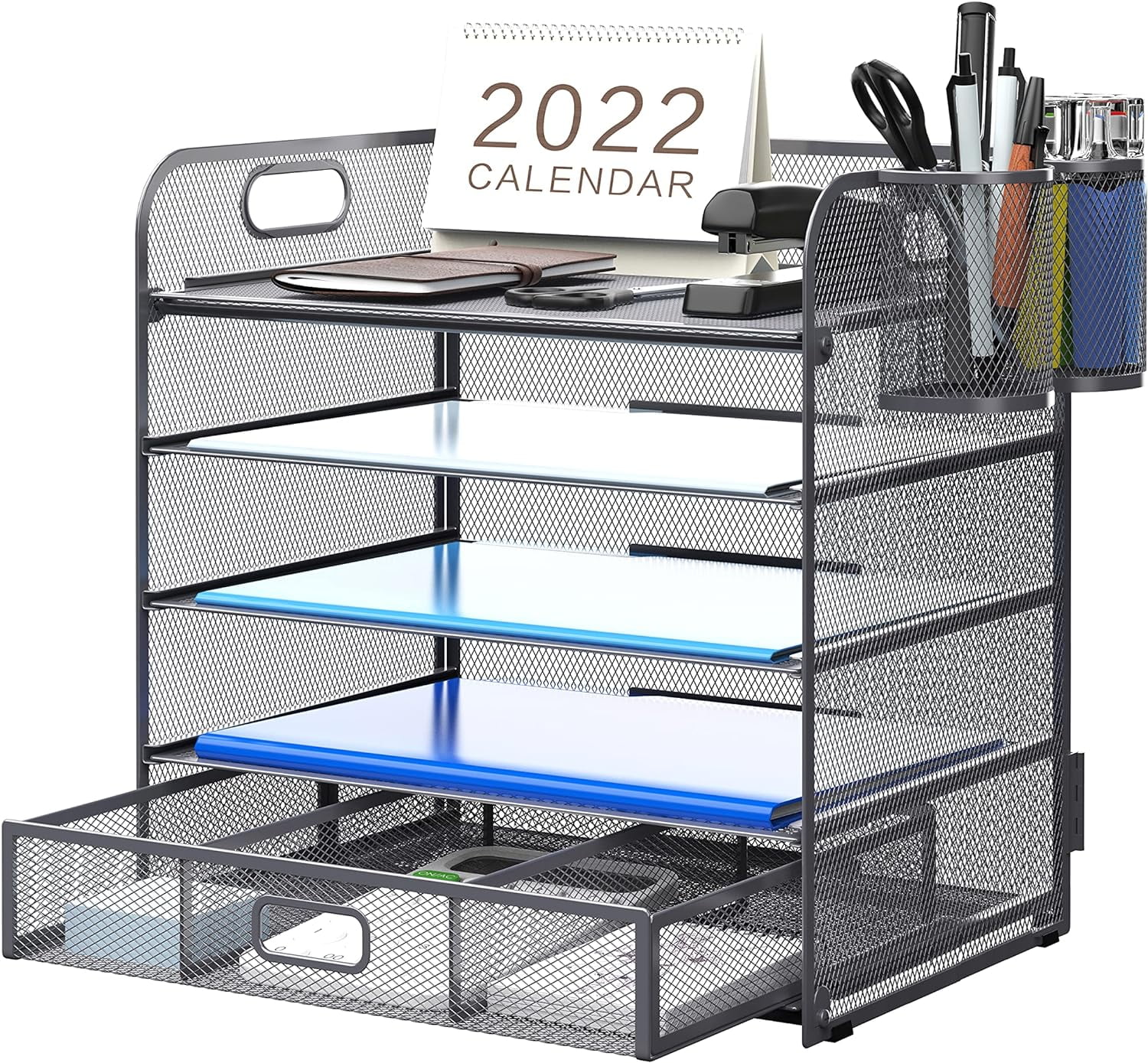 INTIGE 5-Tier Metal Desktop File Organizer with Handle, Pen Holders and ...