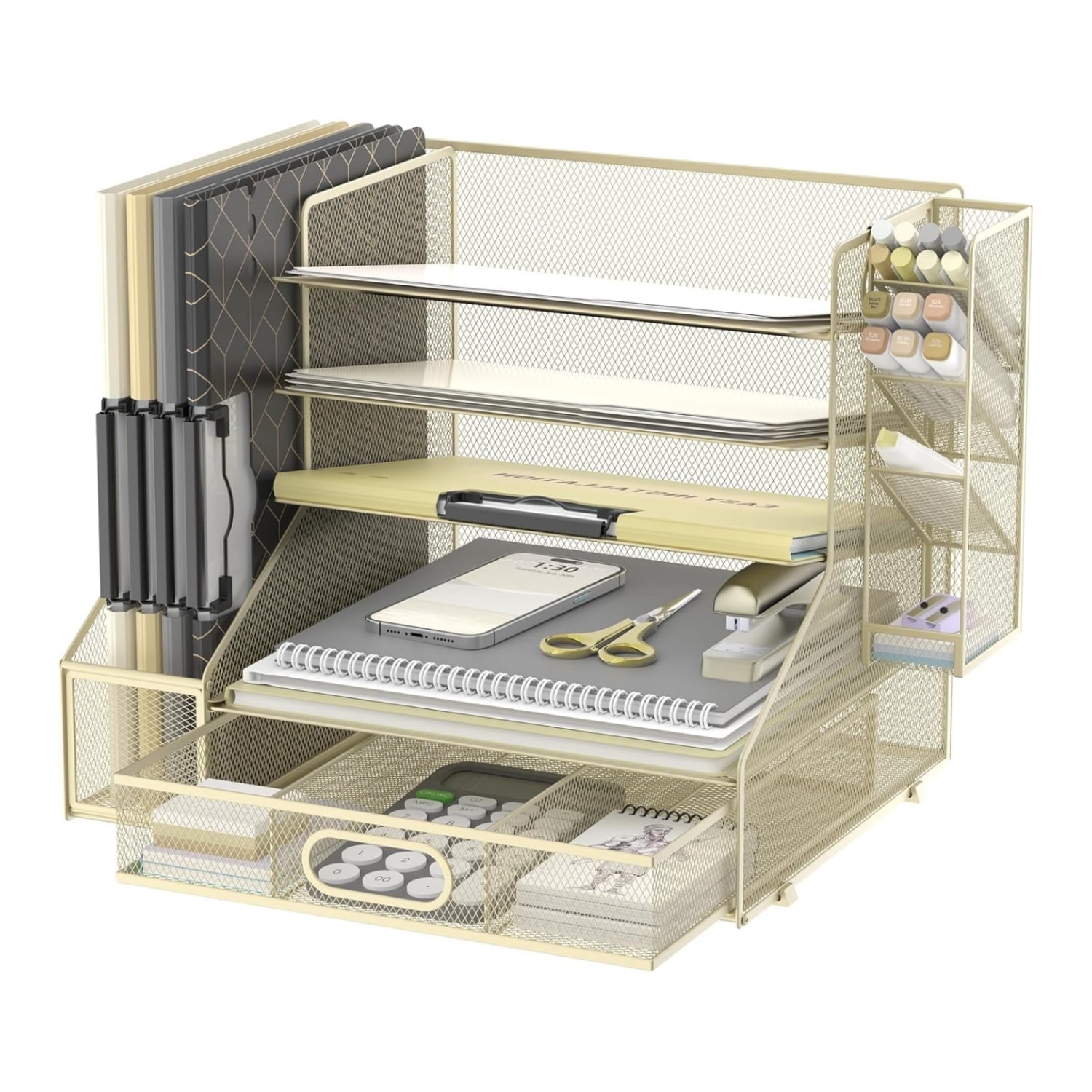 INTIGE 5-Tier Metal Mesh Desktop Organizer with File Holder, Drawer and ...