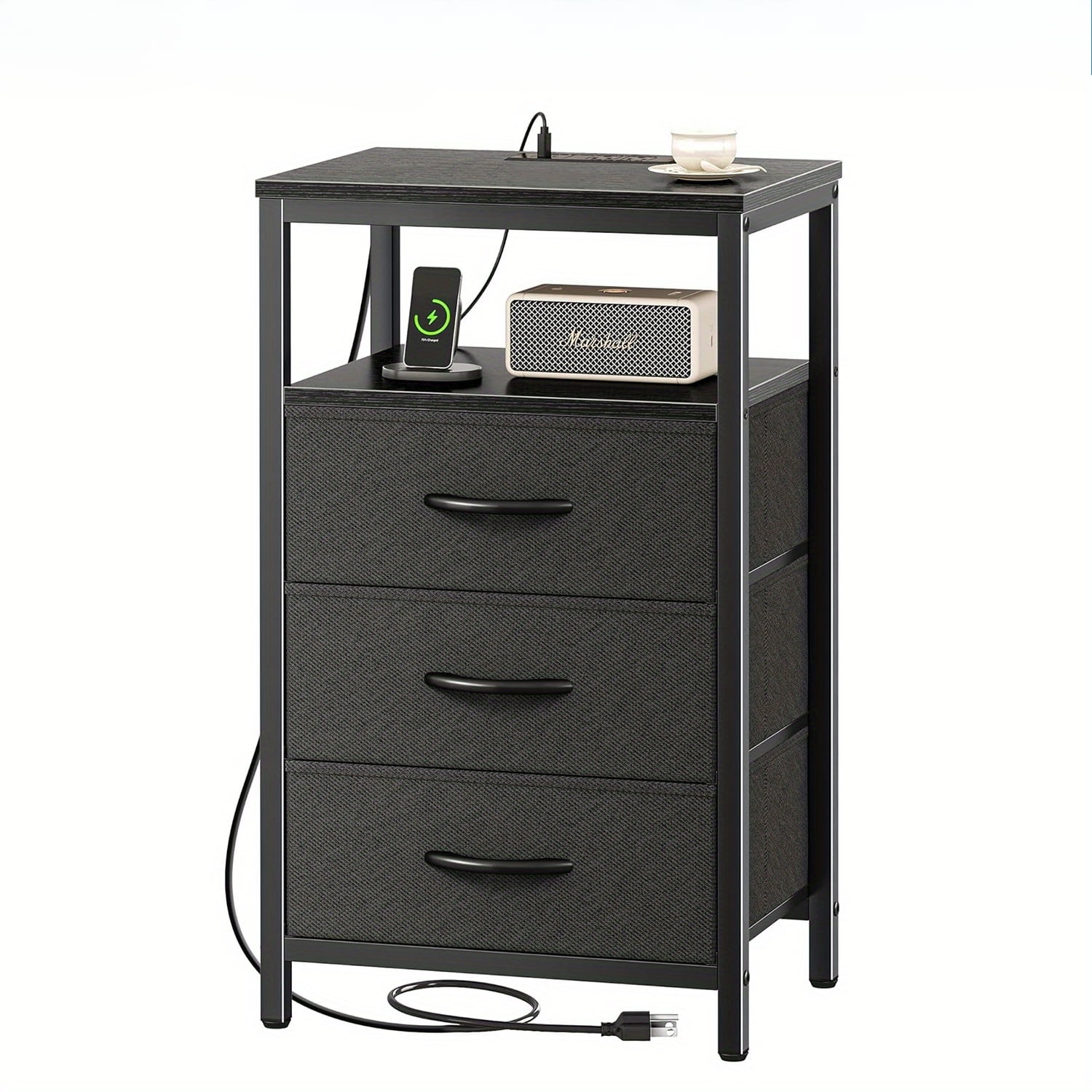 INTIGE Bedside table with USB port and socket, 3 fabric drawers ...