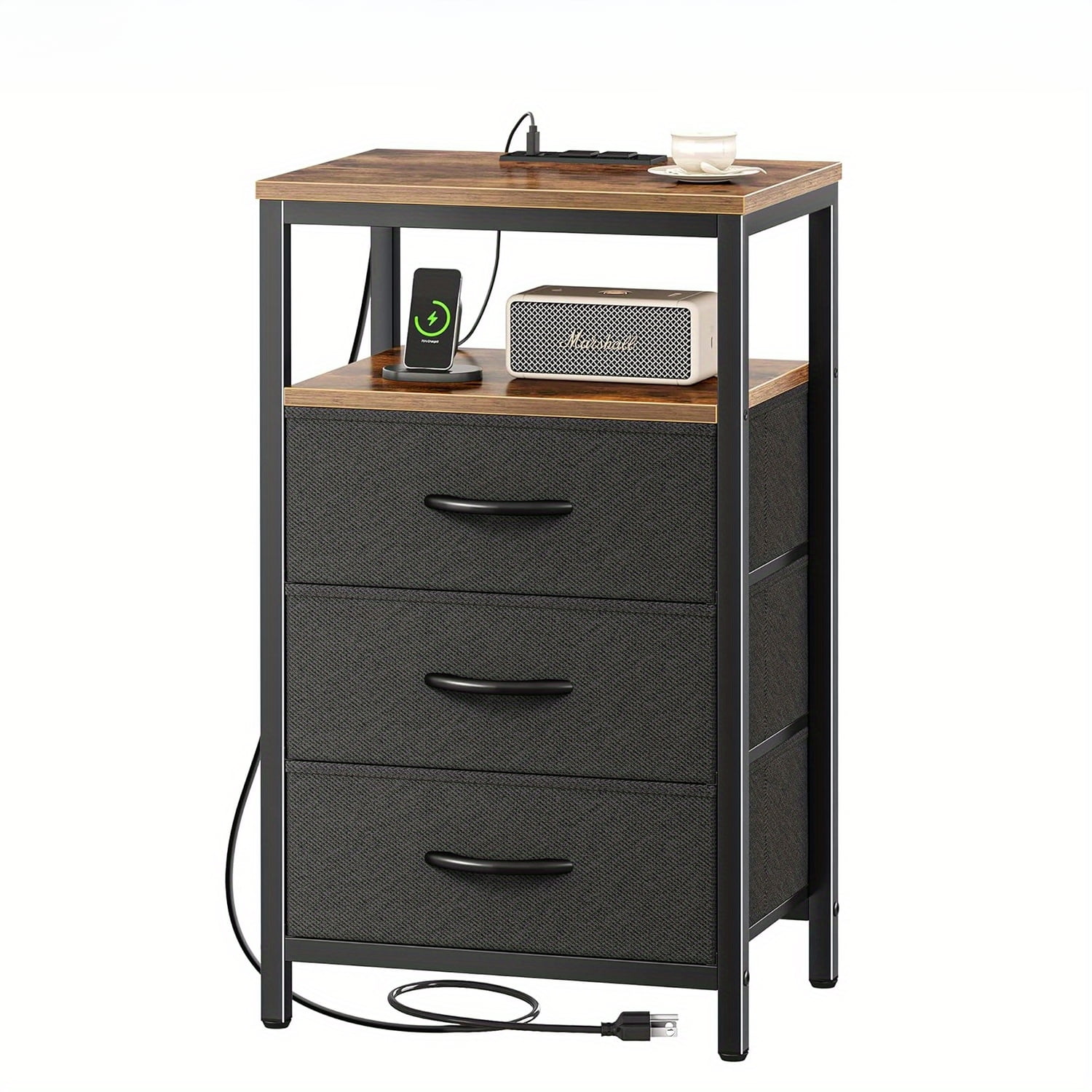 INTIGE Bedside table with USB port and socket, 3 fabric drawers ...