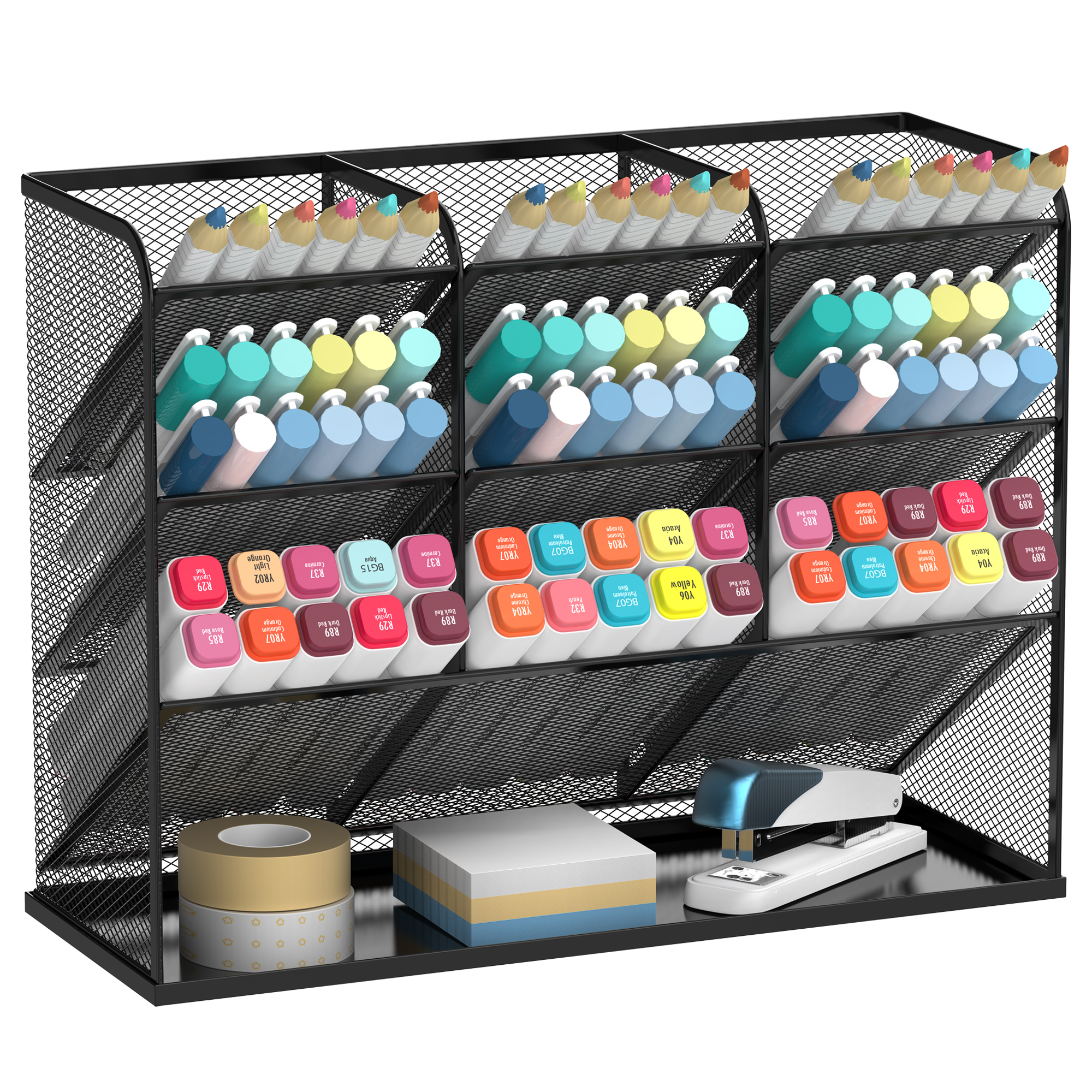 Wooden Desk Organizer, Multi-Functional Supply Storage Rack with Drawer ...