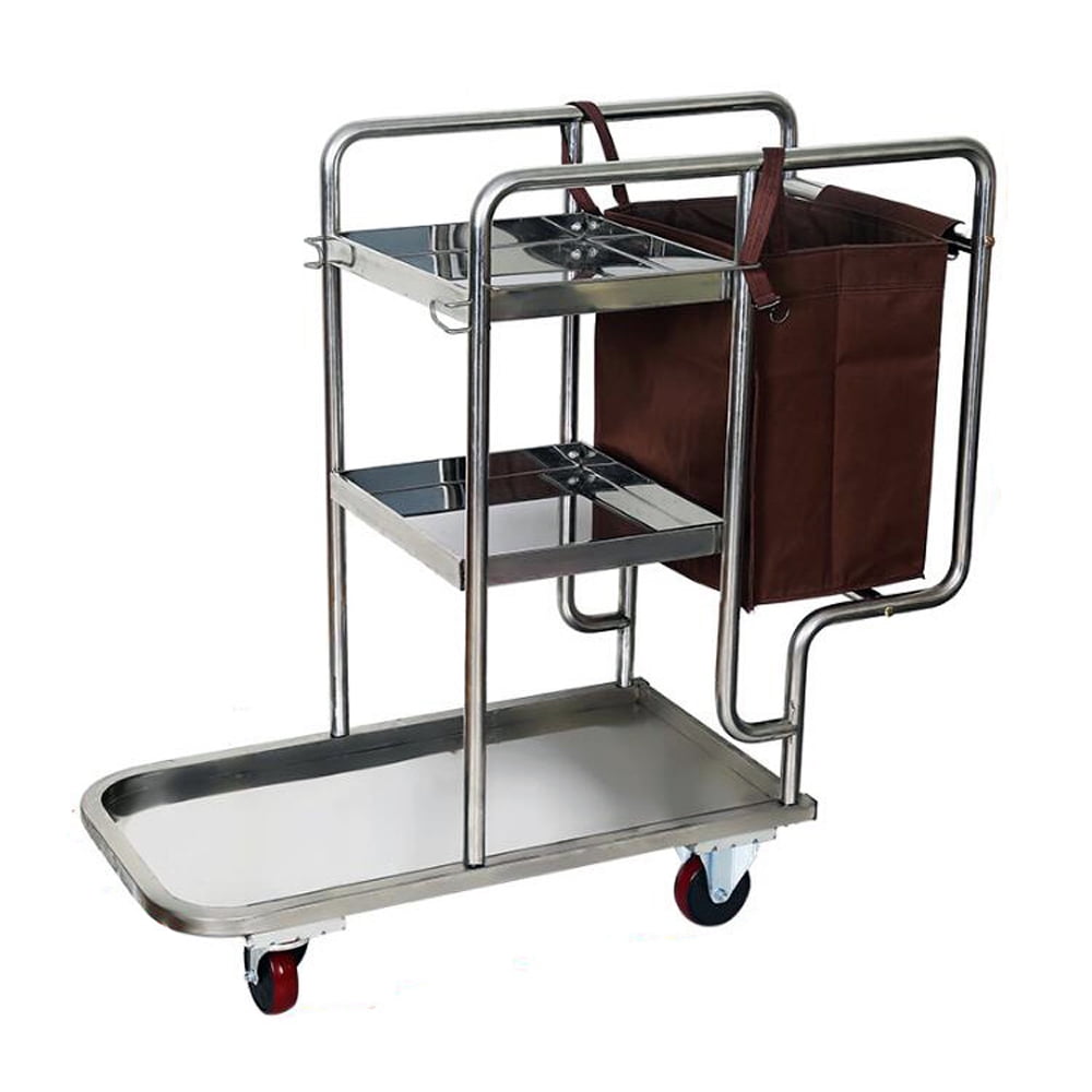 INTSUPERMAI Maid Janitor Cart Hotel Room Service Cart Housekeeping Cleaning Trolley Stainless ...