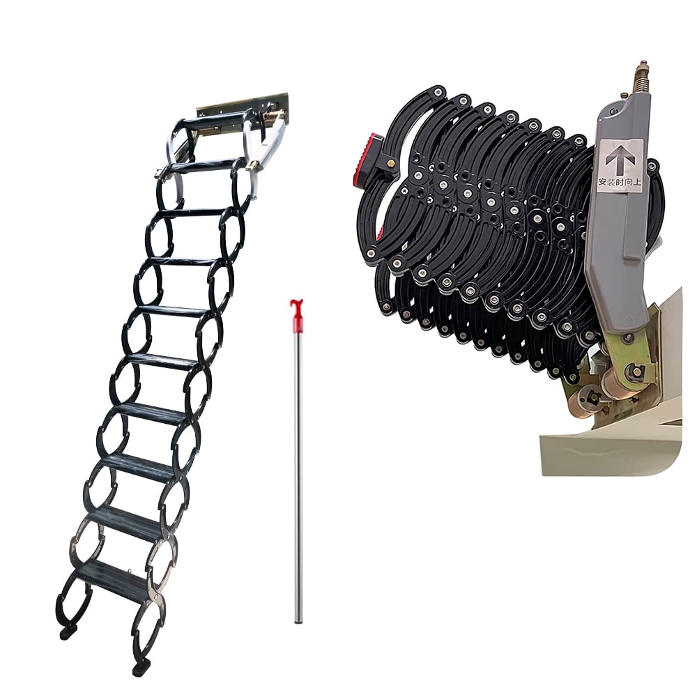 INTSUPERMAI Black 12-Step Loft Stair, Aluminum, Wall Mounted Folding ...