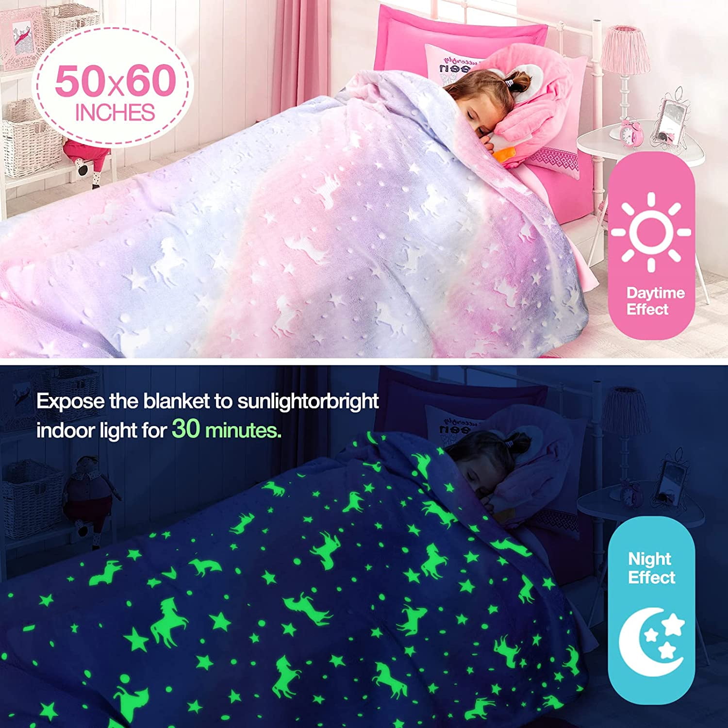 INvench Glow in Dark Throw Blanket for Girls 3-9 Years, Light Plush ...
