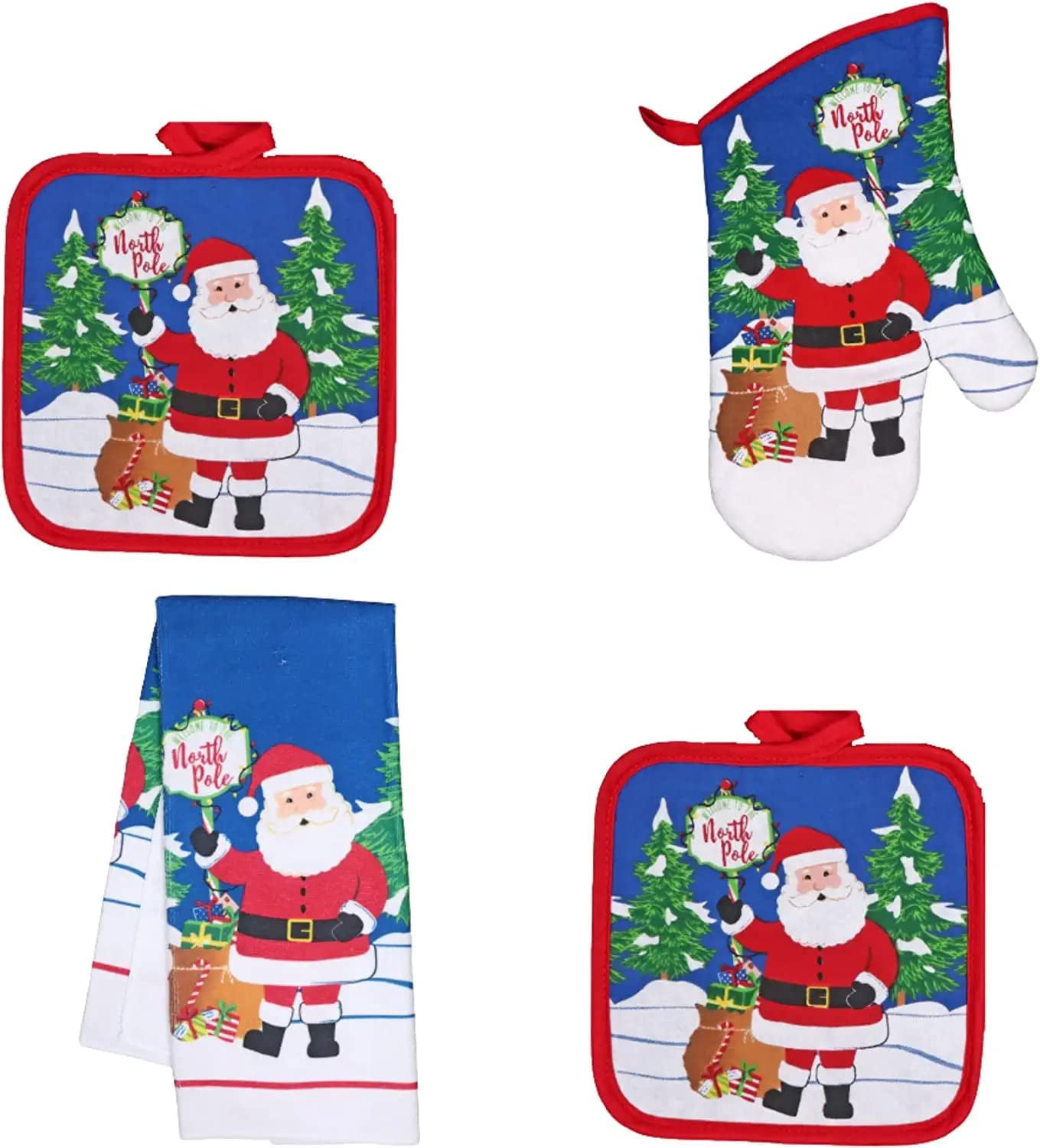 IOS Whimsical Blue Christmas Holiday Santa Claus 4pcs Linen, 1pc Oven ...
