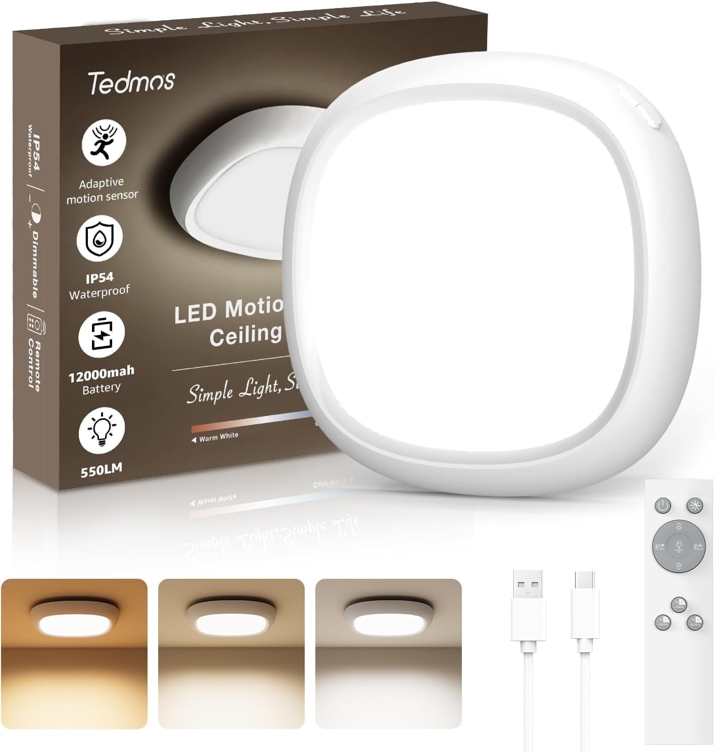 Tedmos Waterproof Wireless Shower Light with 12000mAh Rechargeable ...