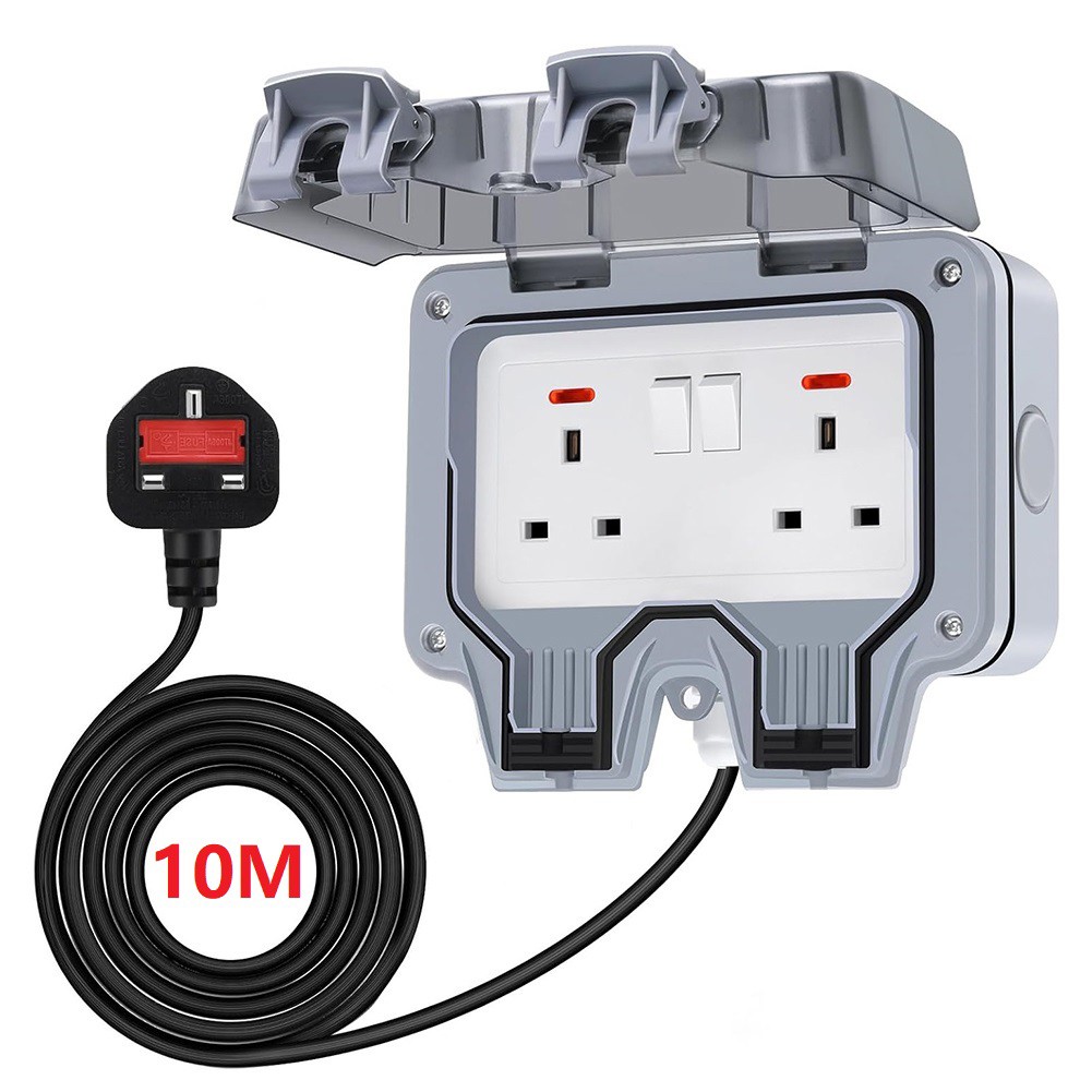 IP66 Waterproof Double Outdoor Socket Box with 10M Extension Leads 13A ...