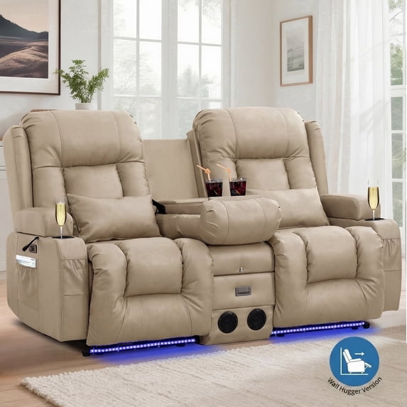 IPKIG Wall Hugger Power Reclining Loveseat w/ Massage & Heat, Sand Faux ...