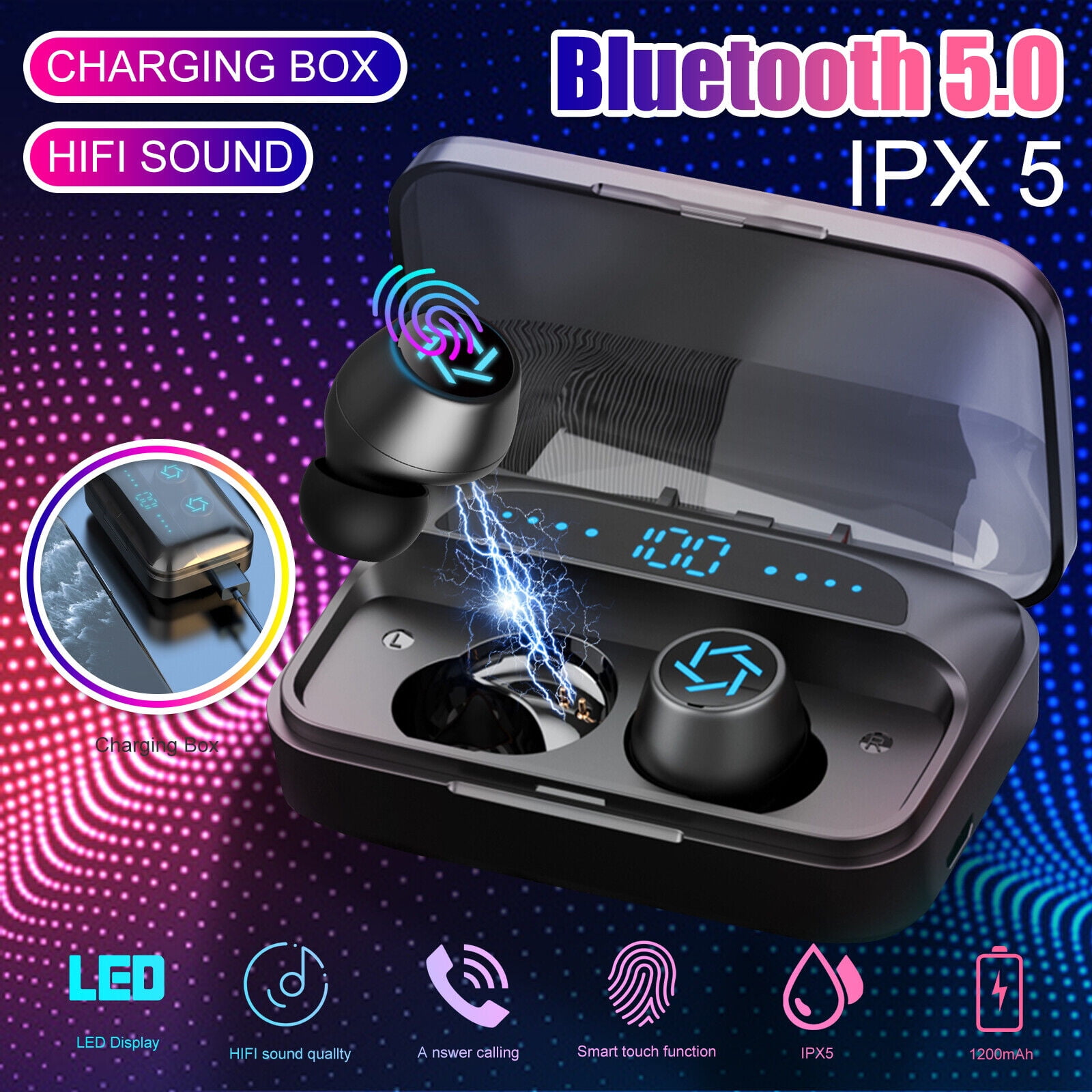 IPX5 TWS Bluetooth5.0 Wireless Earbuds Stereo Bass Touch Headset w ...