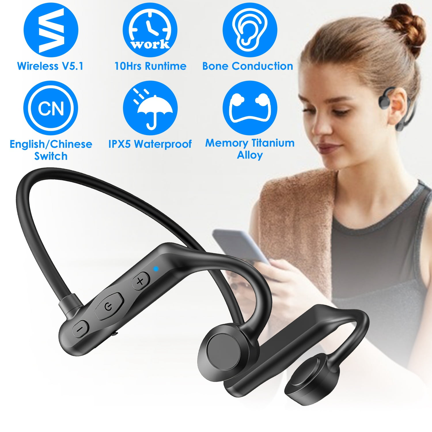 IPX5 Waterproof Wireless V5.1 Bone Conduction Earphones, Moclever Open ...