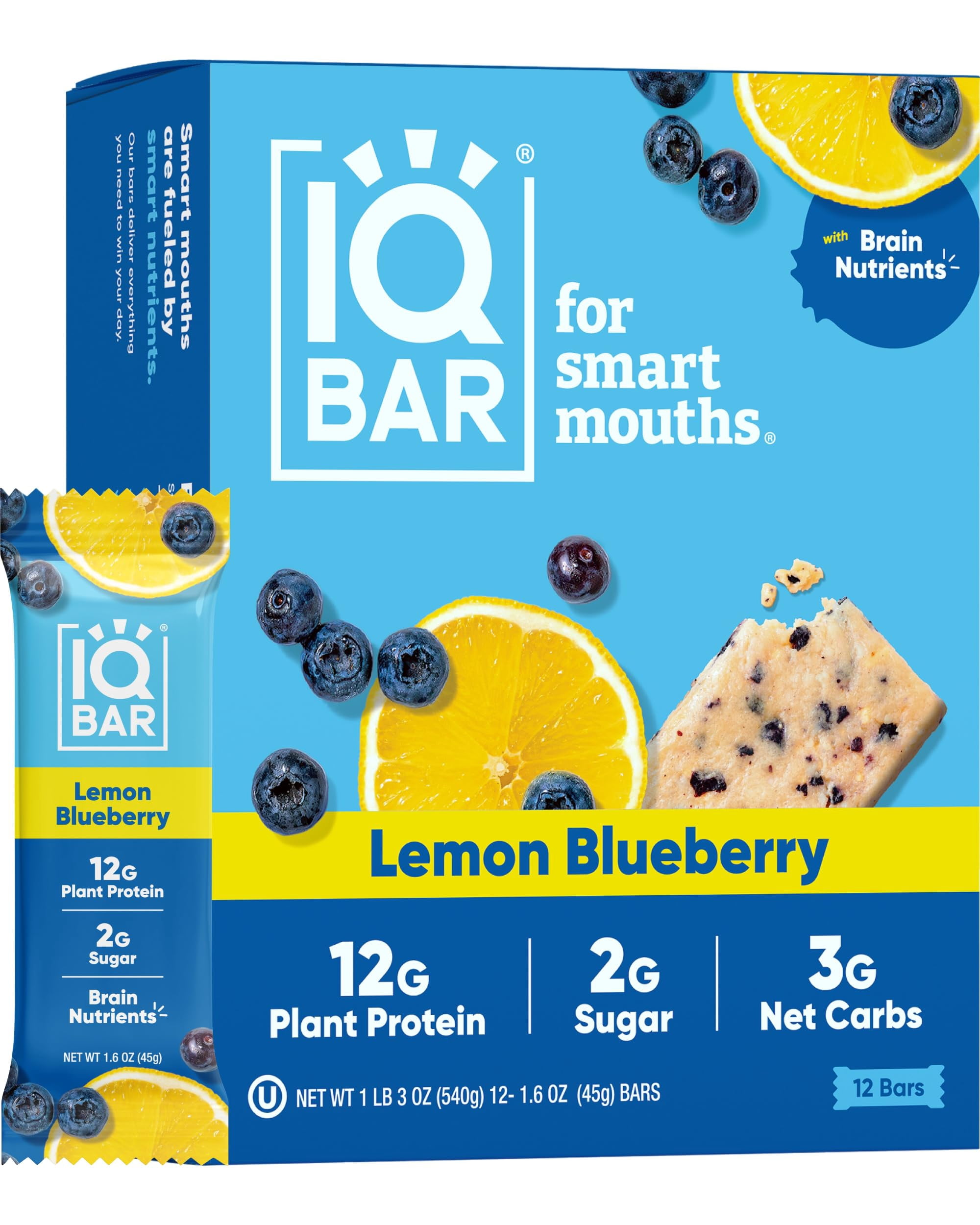 IQBAR Brain and Body HMF23 Plant Protein Bars - Lemon Blueberry - 12 ...