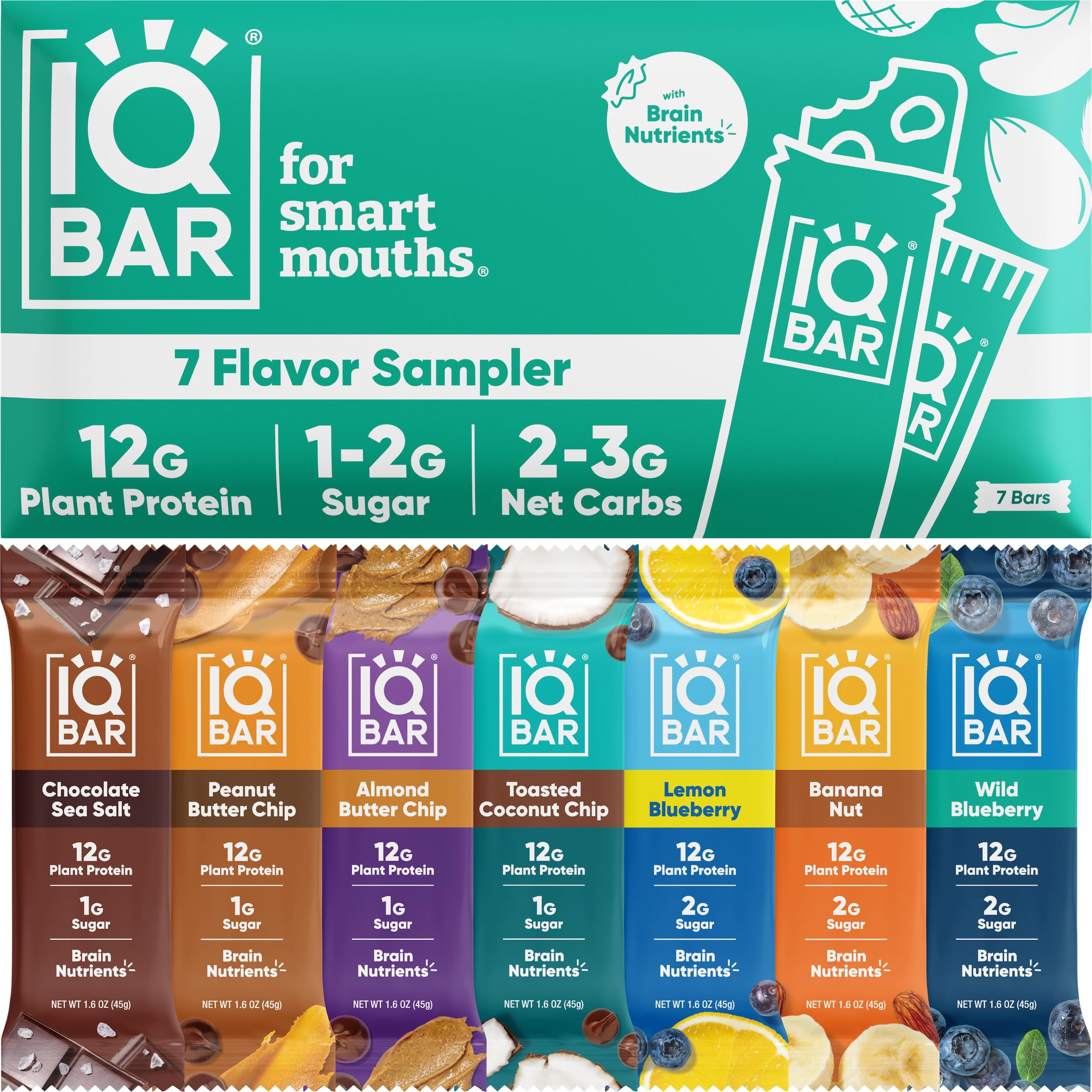 IQBAR Brain and Body HHA1 Plant Protein Bars - 7 Bar Sampler Pack - Low ...