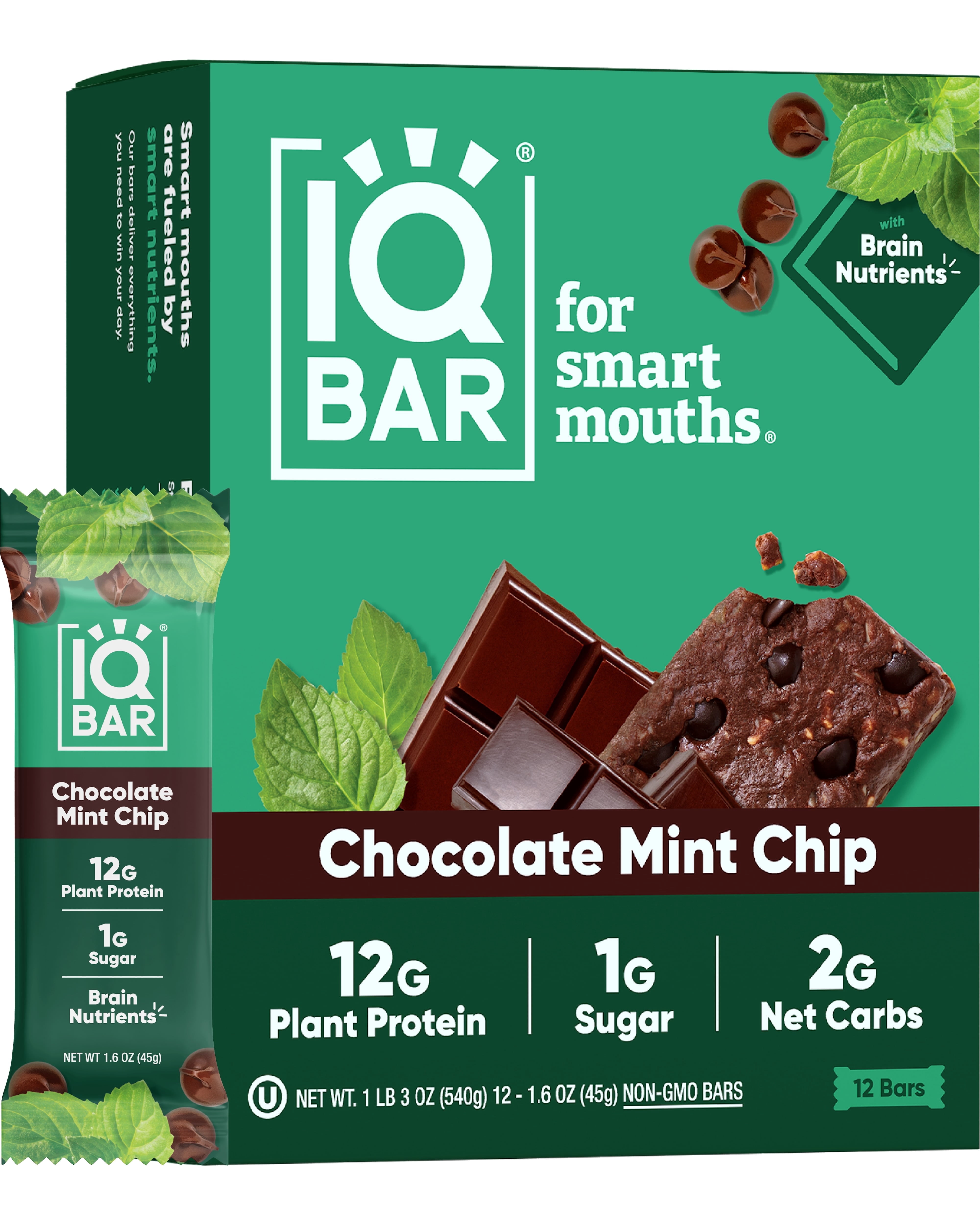 IQBAR Clean Plant Protein Bars, Chocolate Mint Chip 12ct, Keto Vegan ...