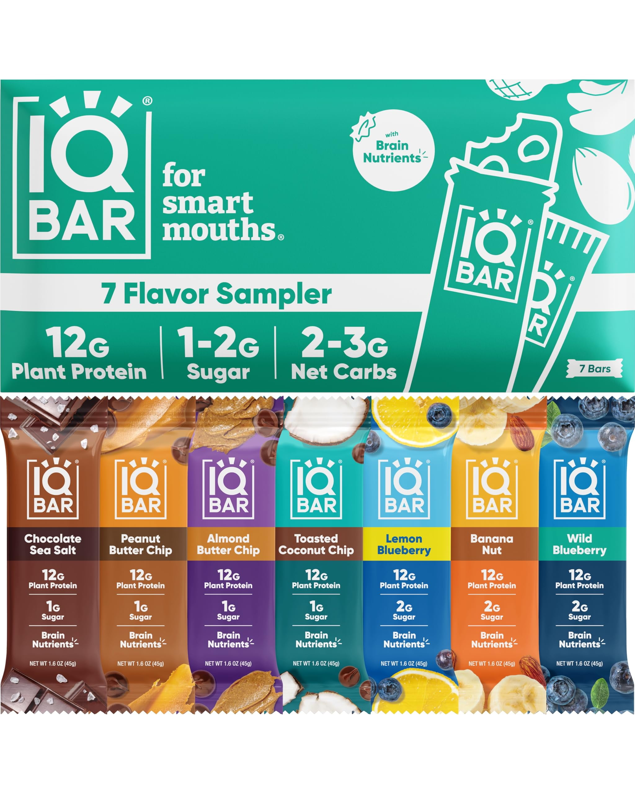 IQBAR Brain and Body RRF12 Plant Protein Bars - 7 Bar Sampler Pack ...